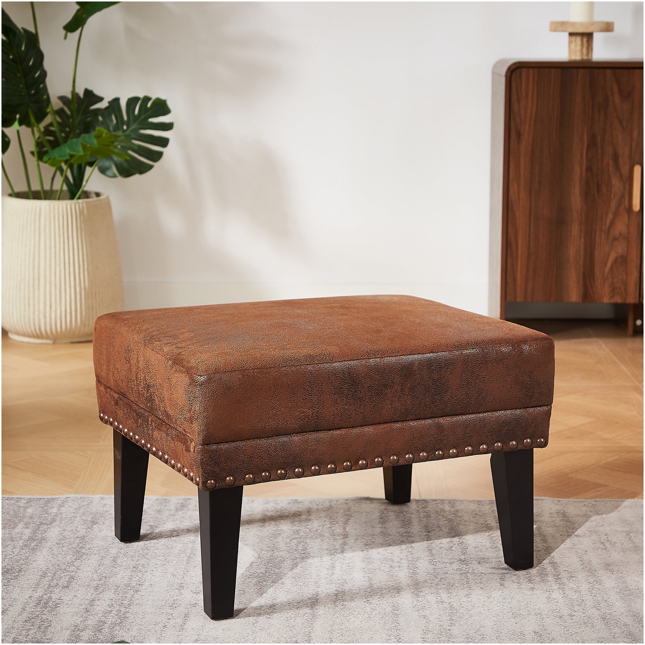 JERFIT Vintage Distressed Ottoman Footrest with Solid Wood Legs, Brown ...