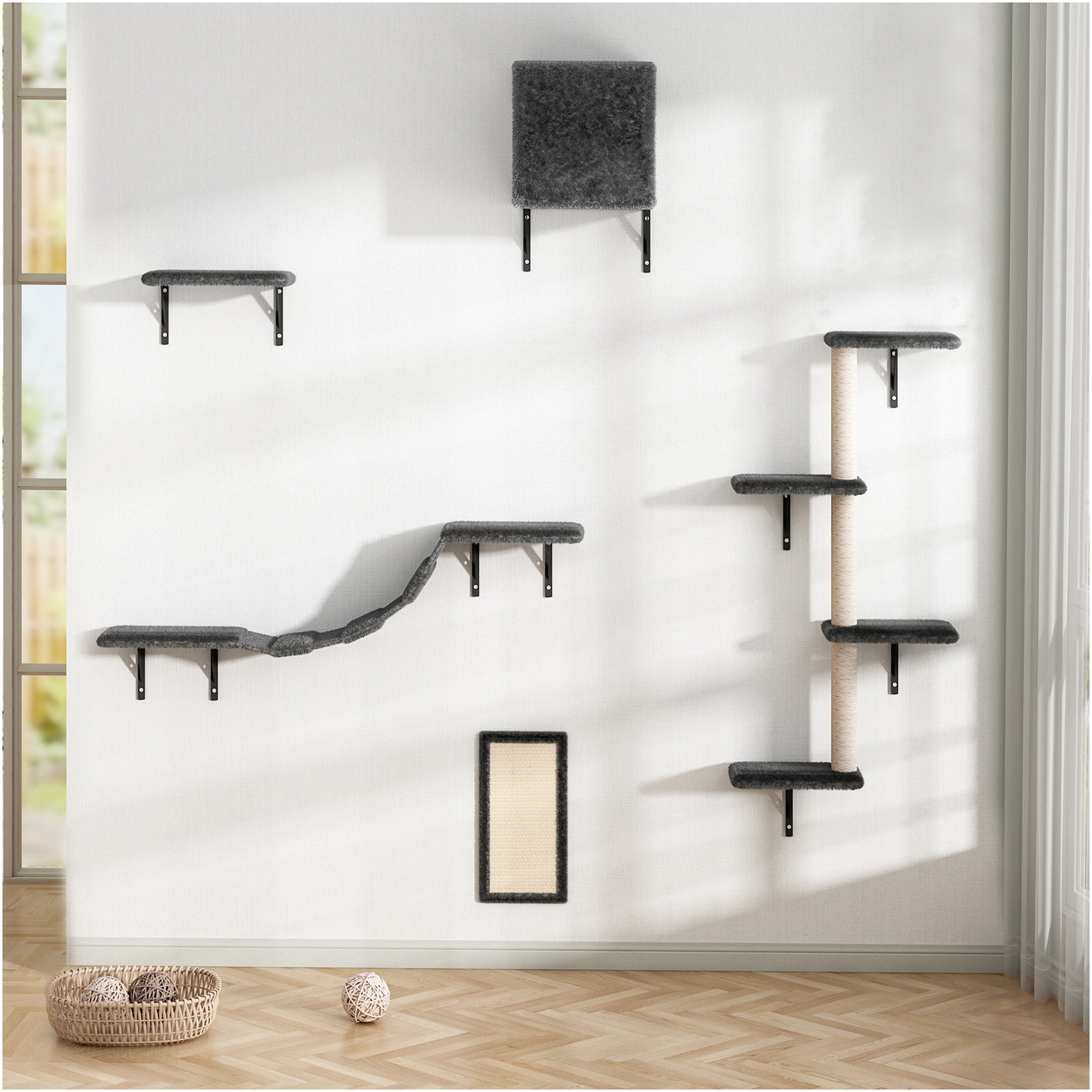JERFIT Wall Mounted Cat Tree with Condo, Scratching Posts & Perches for ...