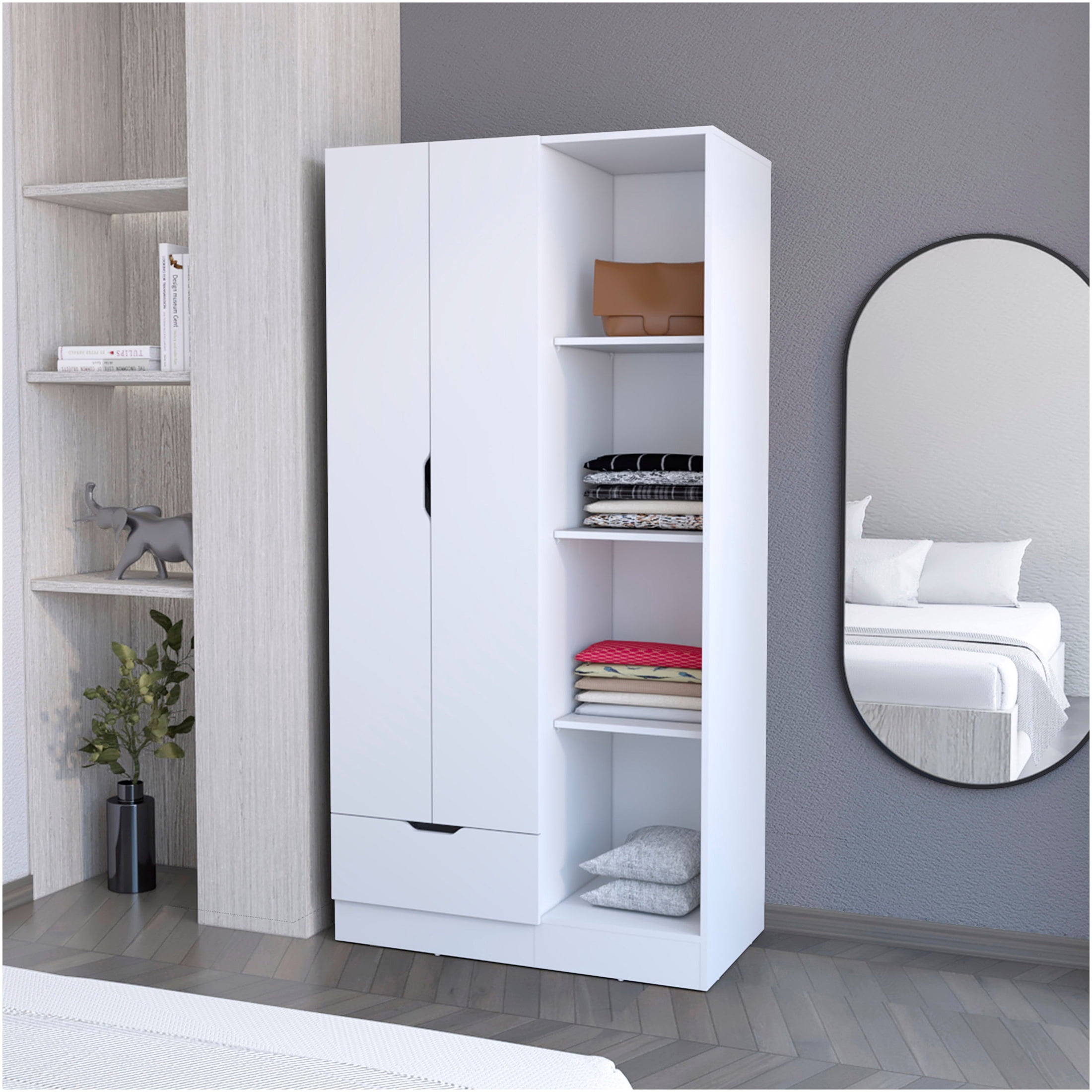 JERFIT White 2-Door Armoire with Shelves and Drawer, Freestanding ...