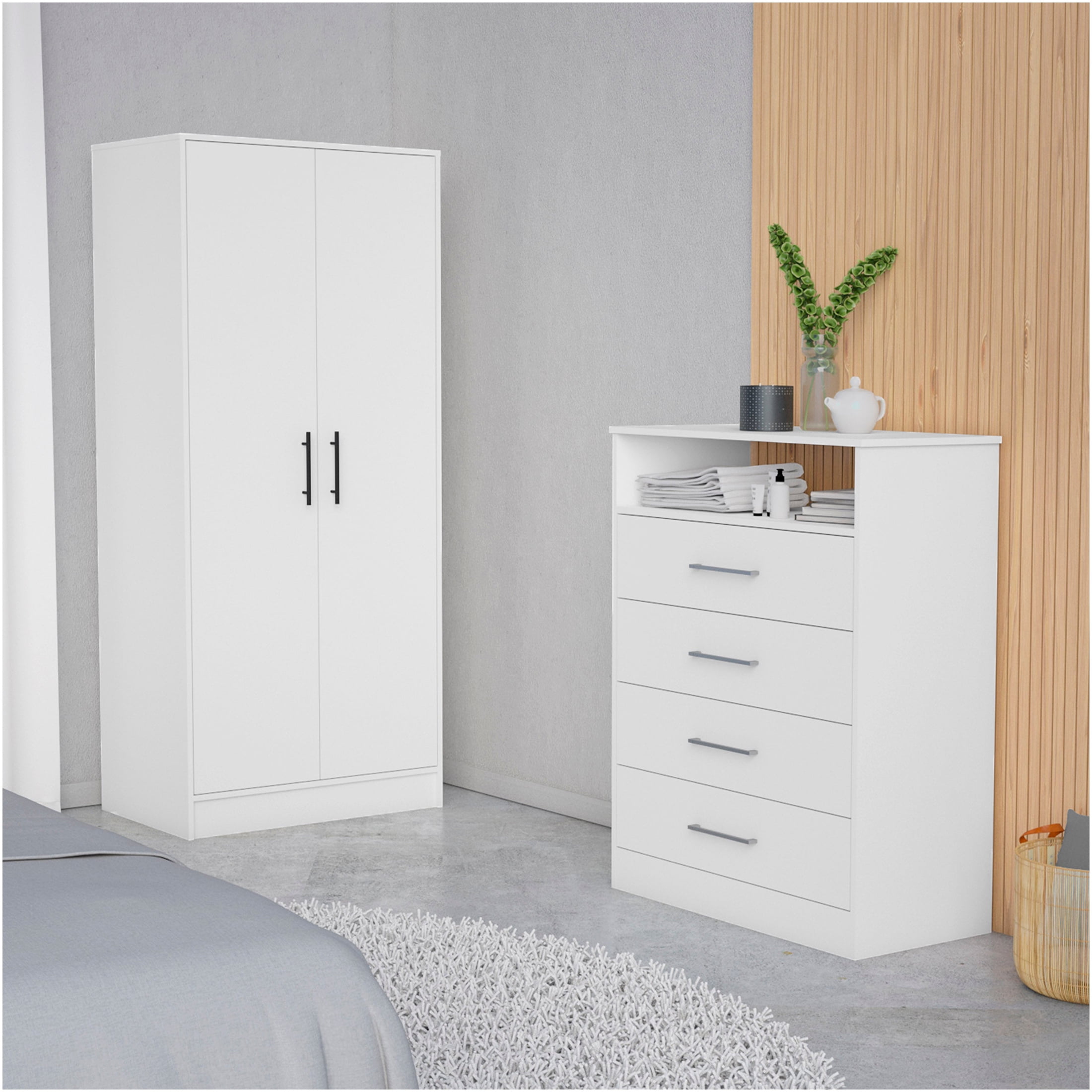 JERFIT White 2-Piece Armoire and Dresser Set with Hanging Rod, 4 ...