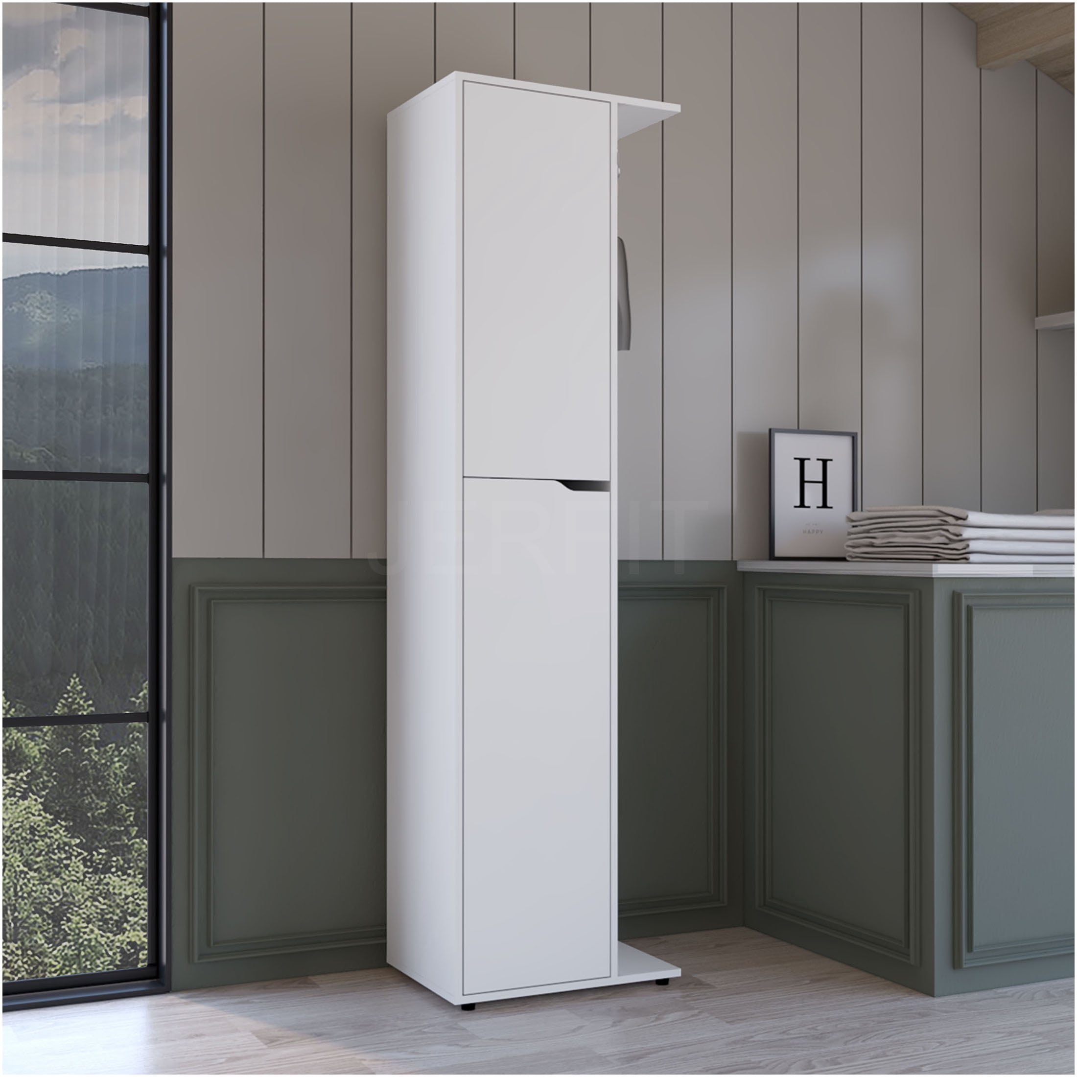 JERFIT White Freestanding Broom Closet Cabinet with Shelves, Storage ...