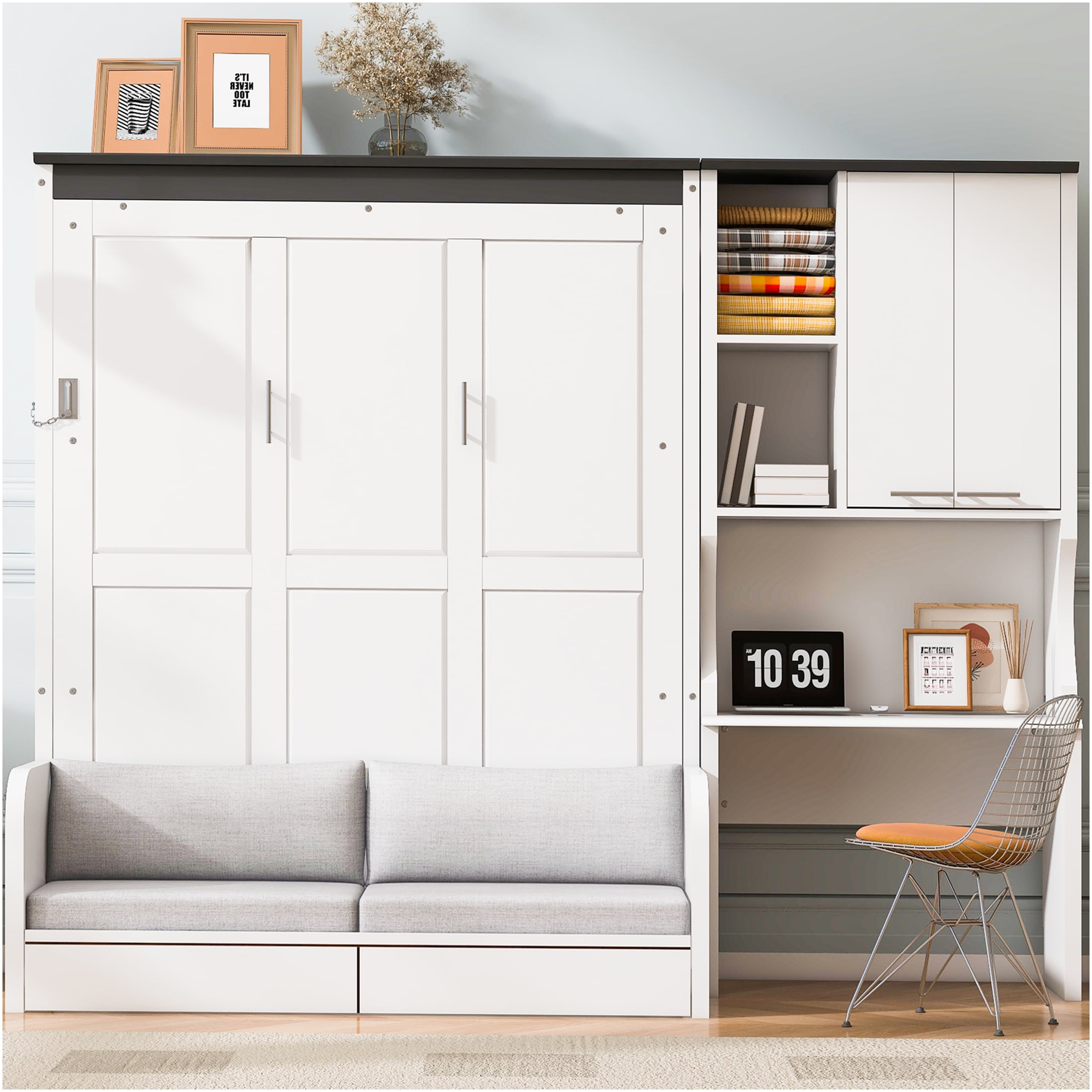 JERFIT White Full Murphy Bed with Sofa, Desk & Storage Cabinet | Space ...