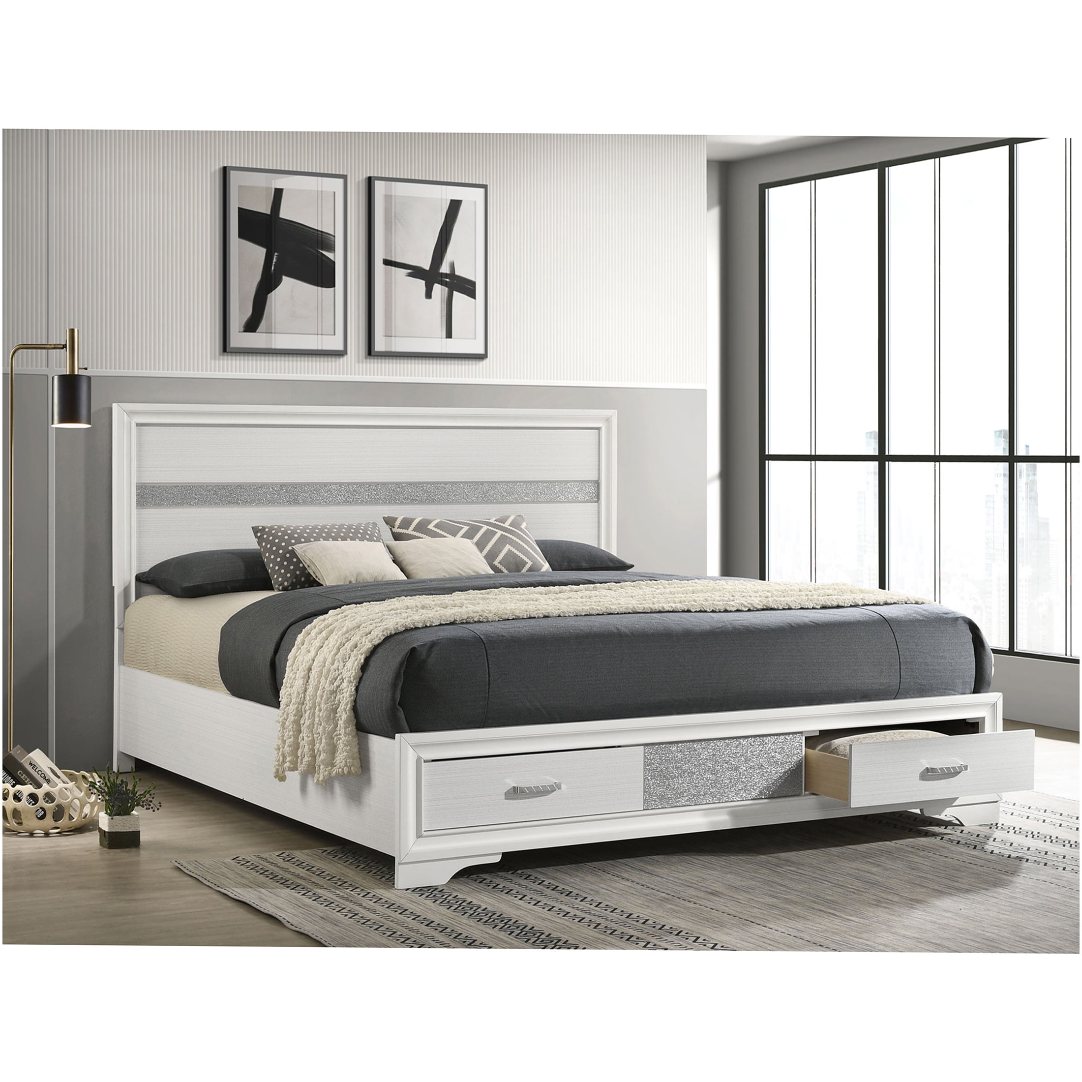 JERFIT White Modern California King Bed with Storage Drawers, Wood ...