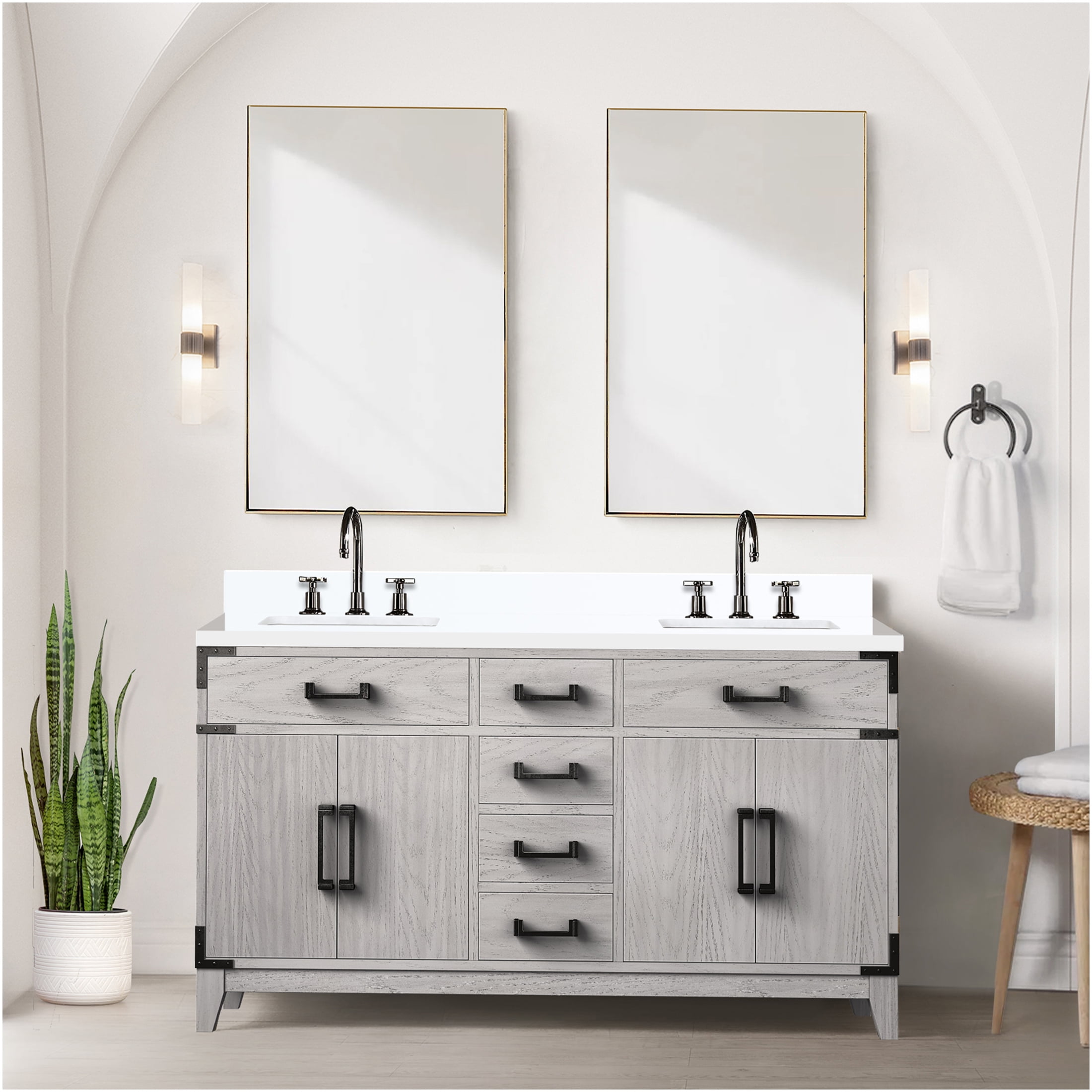 JERFIT White Oak Double Vanity Set with Quartz Countertop, Bathroom ...