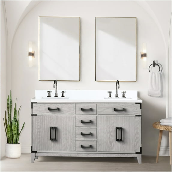 JERFIT White Oak Double Vanity Set with Quartz Countertop, Bathroom ...