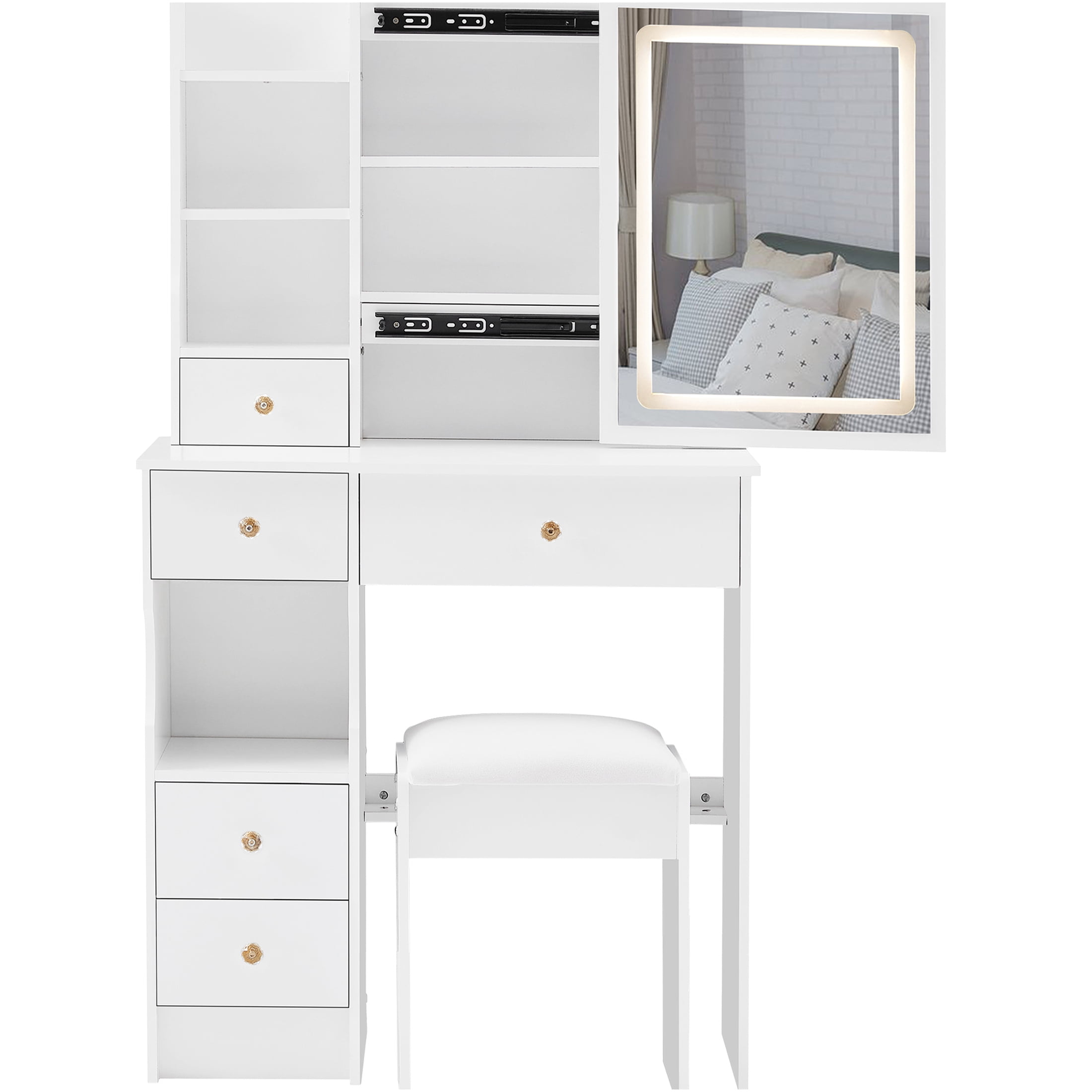 JERFIT White Small Vanity Desk Set with LED Mirror and Stool, Touch ...