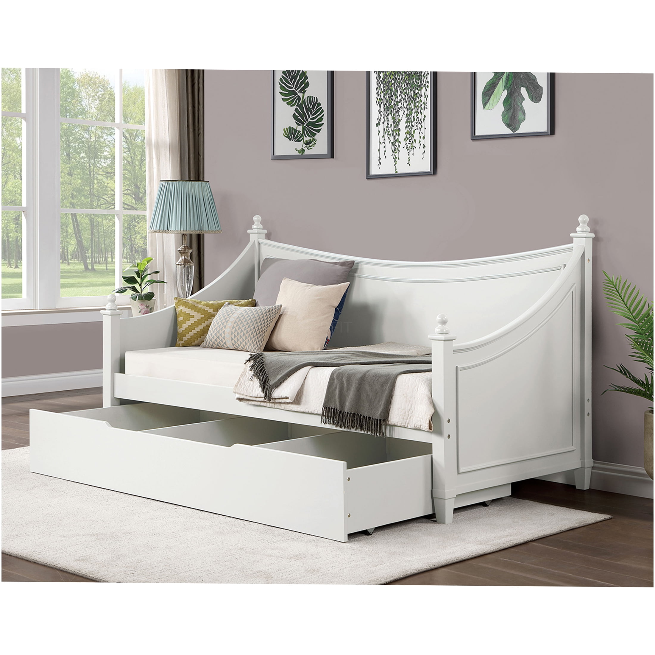 JERFIT White Twin Daybed with Trundle Space, Transitional Style Wood ...