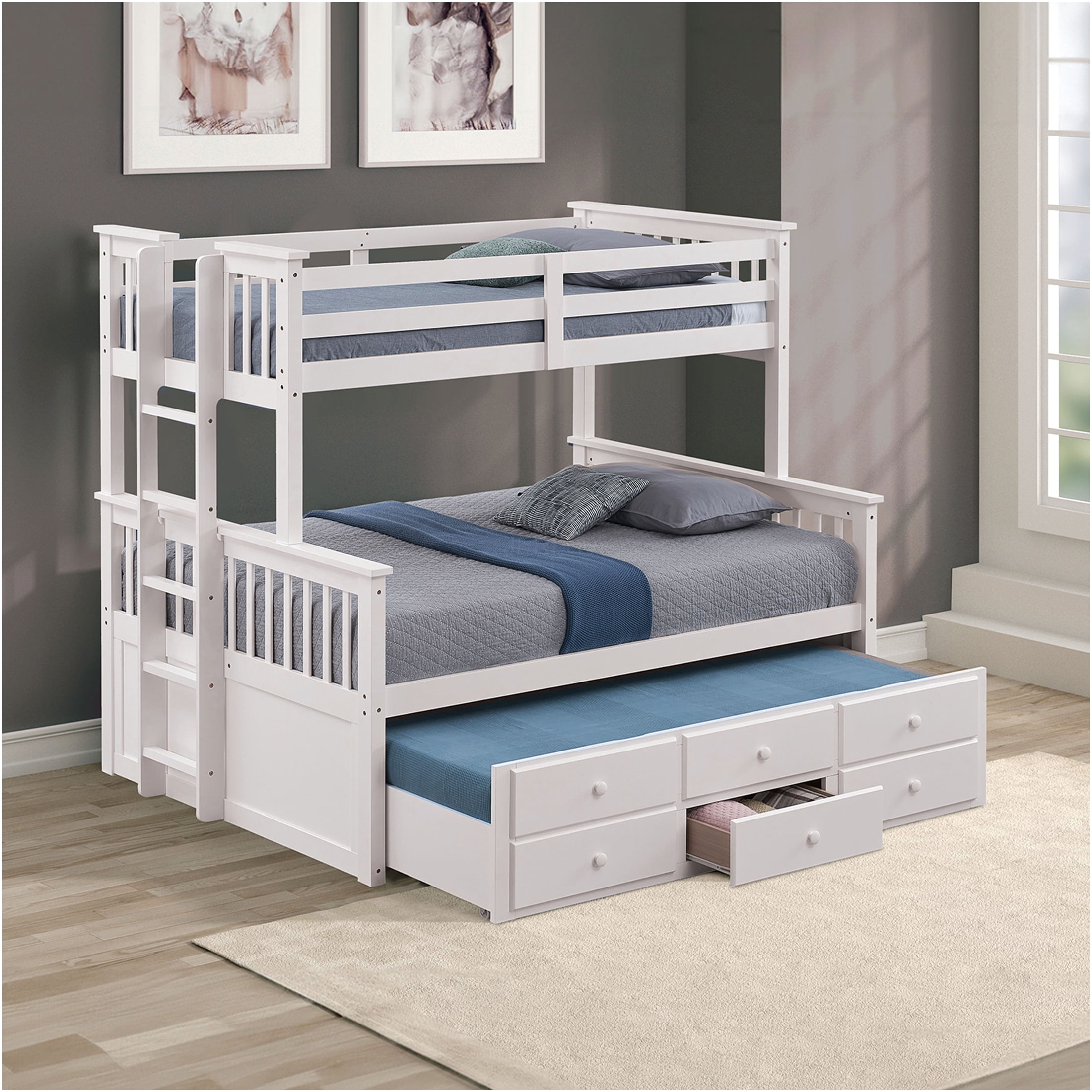 JERFIT White Twin Over Full Bunk Bed with Trundle 3 Underbed Storage ...