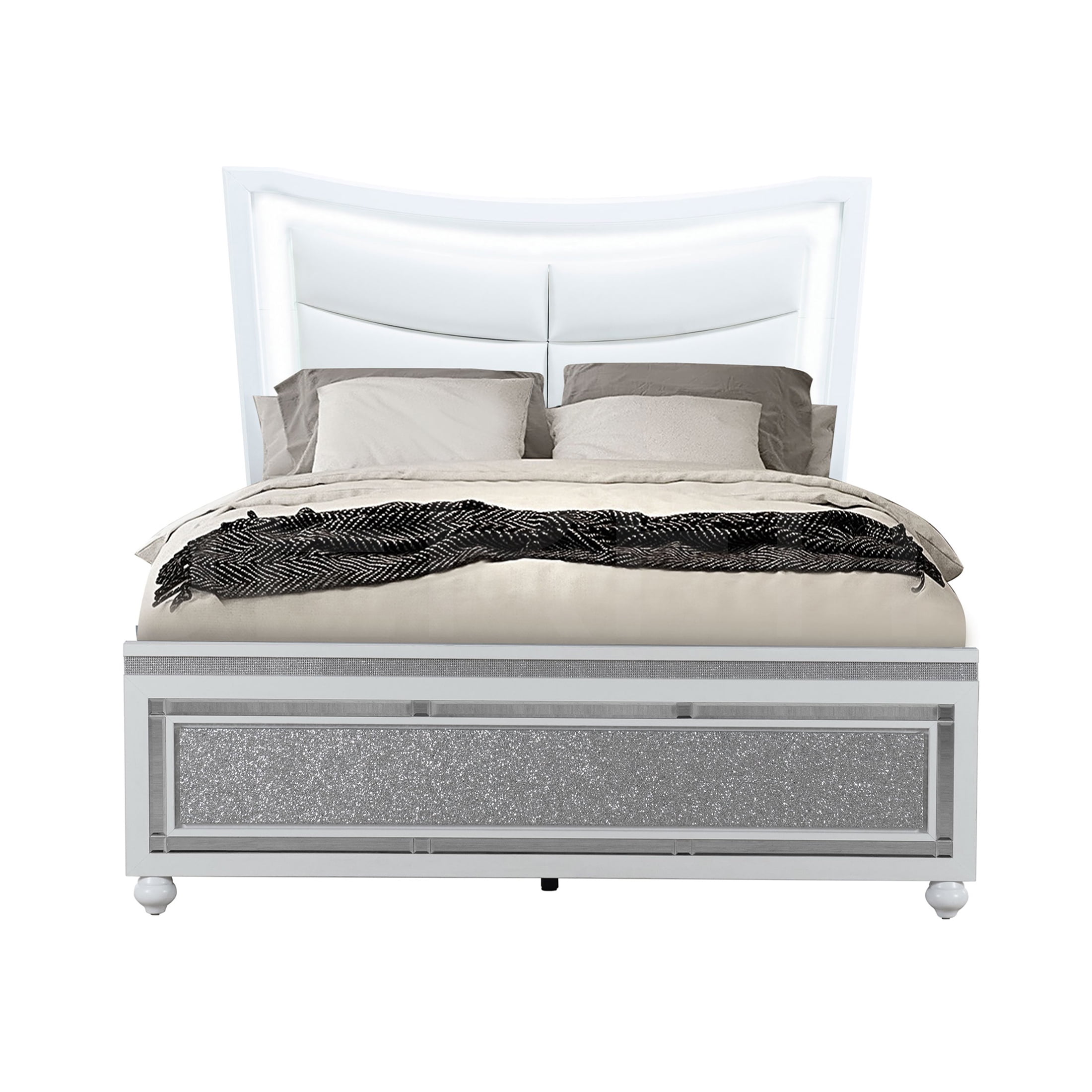 JERFIT White Upholstered Queen Size Bed Frame with Glitter Accent ...