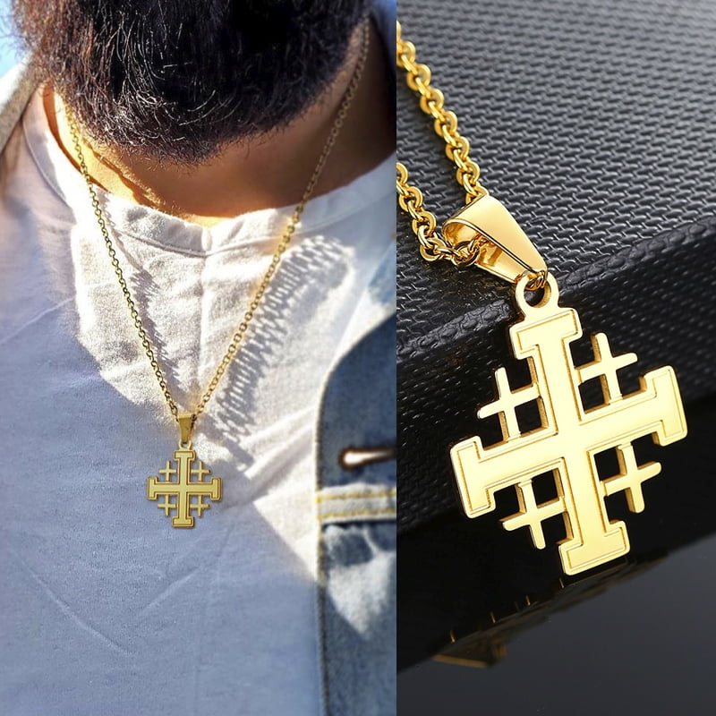 JERUSALEM CROSS NECKLACE FOR MEN BIBLE CRUSADERS 14K Yellow Gold ...