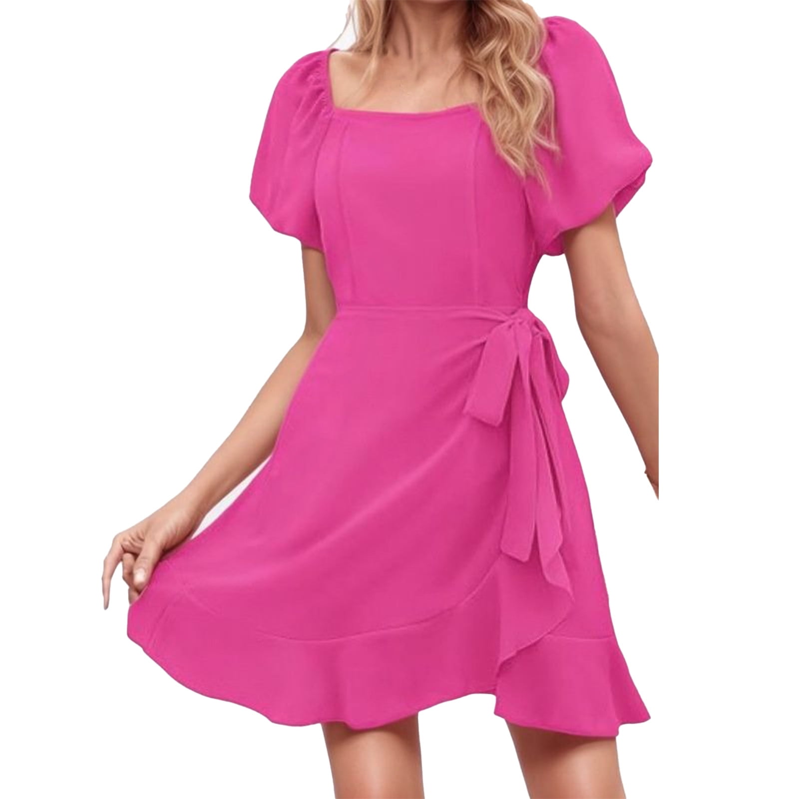 JESFFER Womens Summer Dresses Square Neck Puff Sleeve Tie Waist Short ...