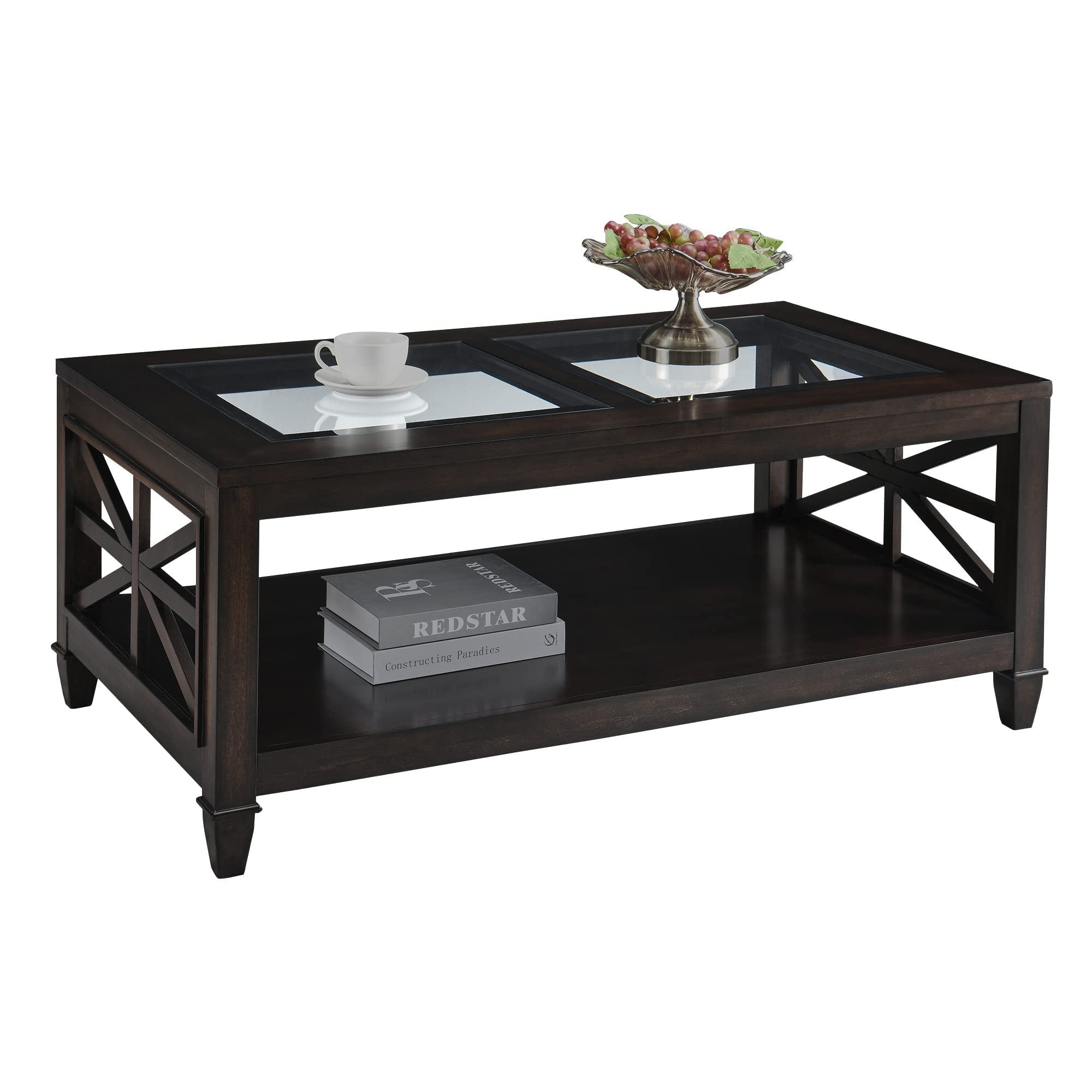 JESONVID Farmhouse Coffee Table Tempered Glass Top, 2-Tier 45.5" X 26 ...