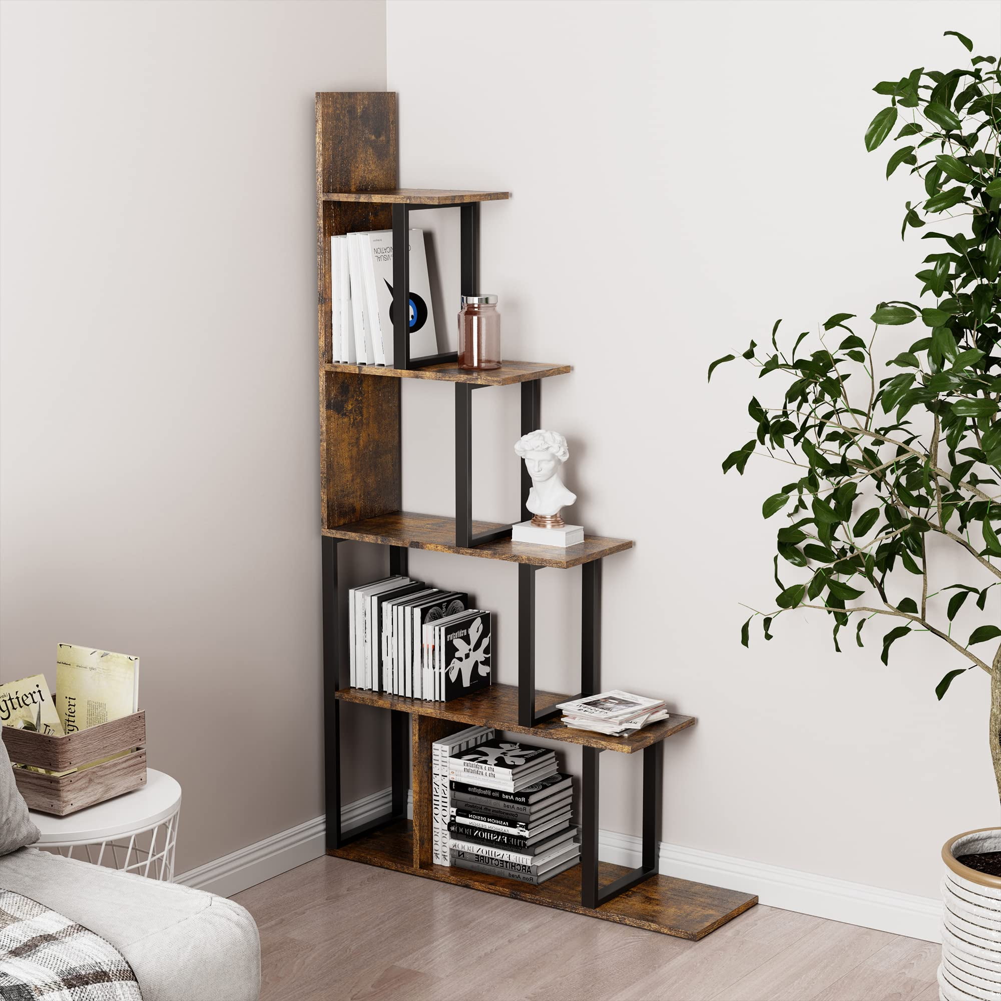 JESONVID L Shaped Bookshelf 5-Tier Industrial Vintage Book Shelf Room ...