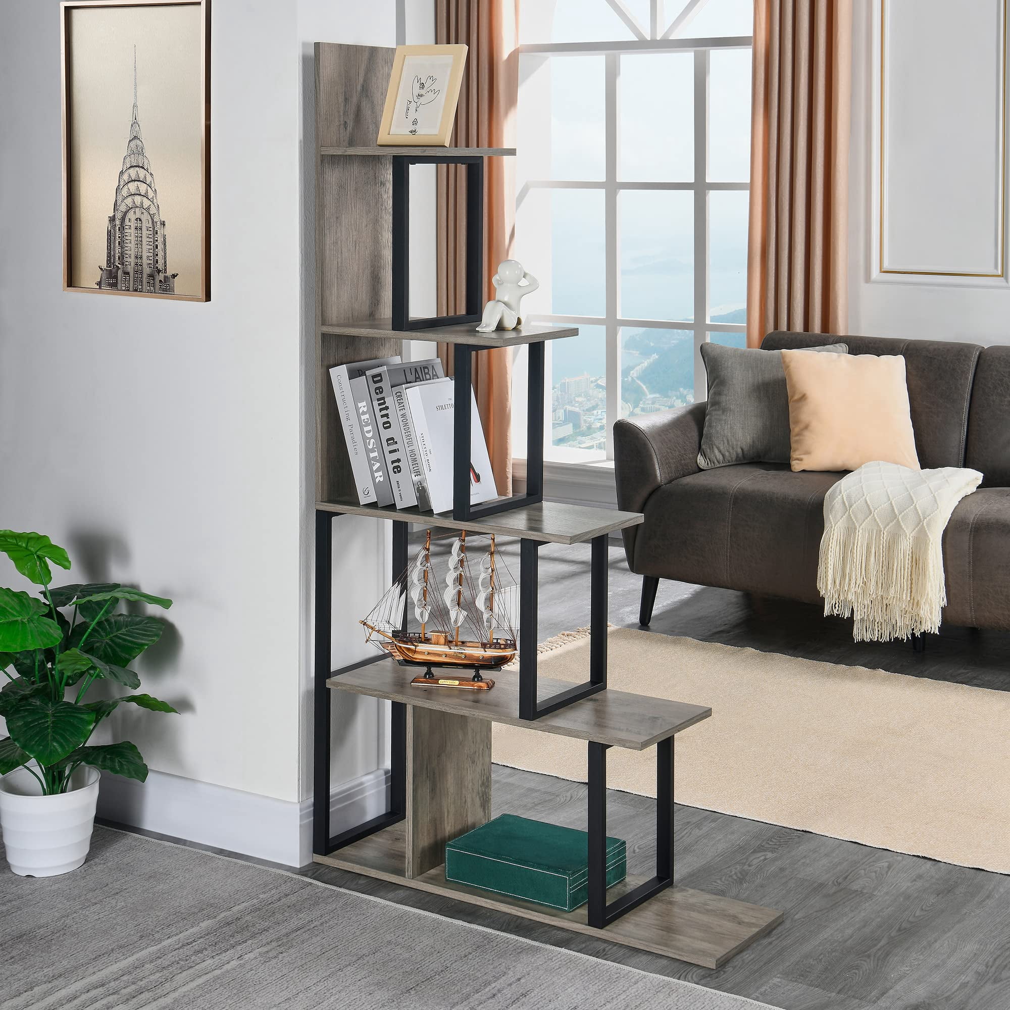 JESONVID L Shaped Bookshelf 5-Tier Industrial Vintage Book Shelf Room ...