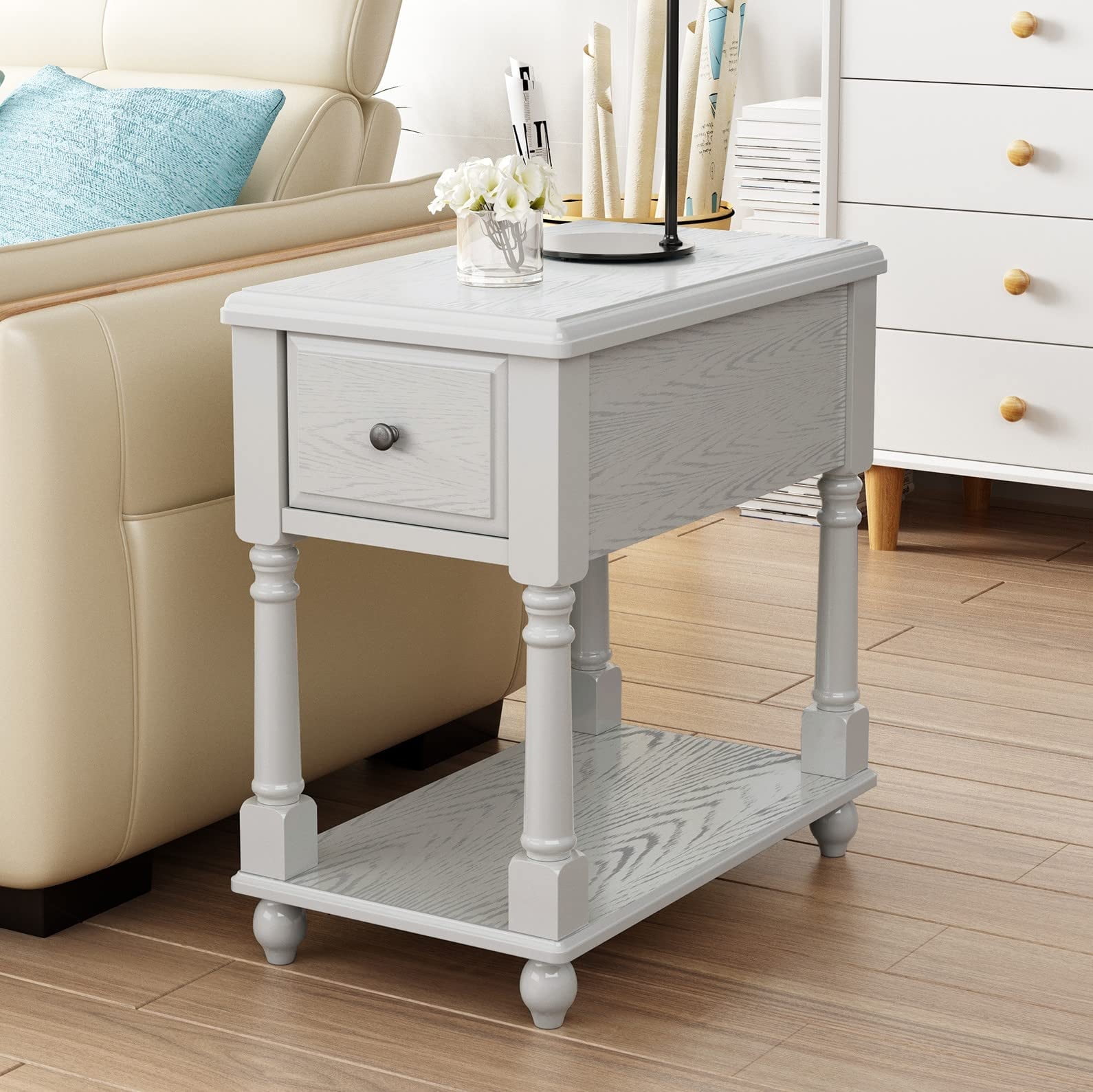 JESONVID Narrow Open End Table with Drawer, Solid Wood Side Table 2 ...