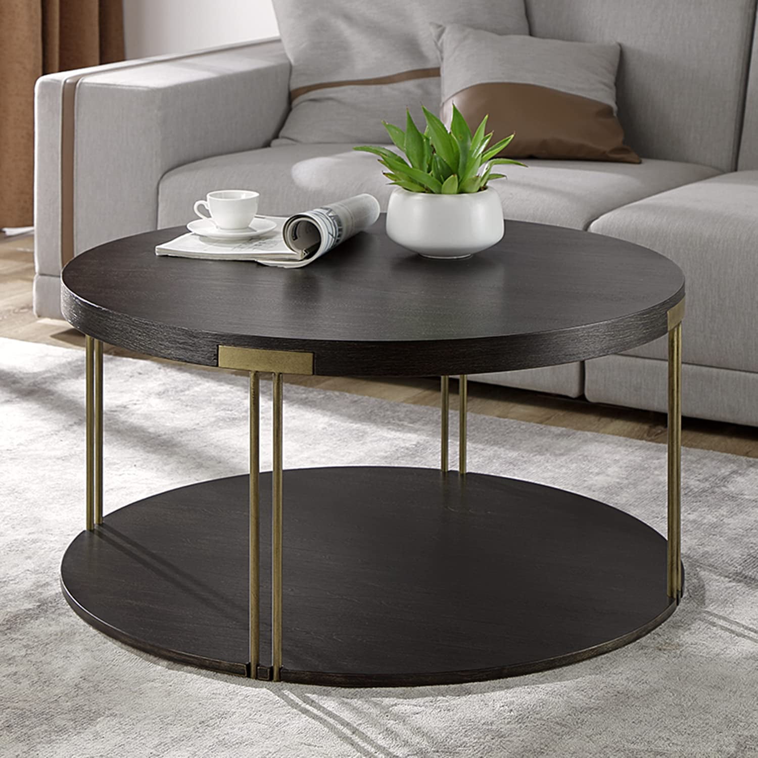JESONVID Round Industrial Coffee Table, 2-Tier 35" Metal Frame Round ...