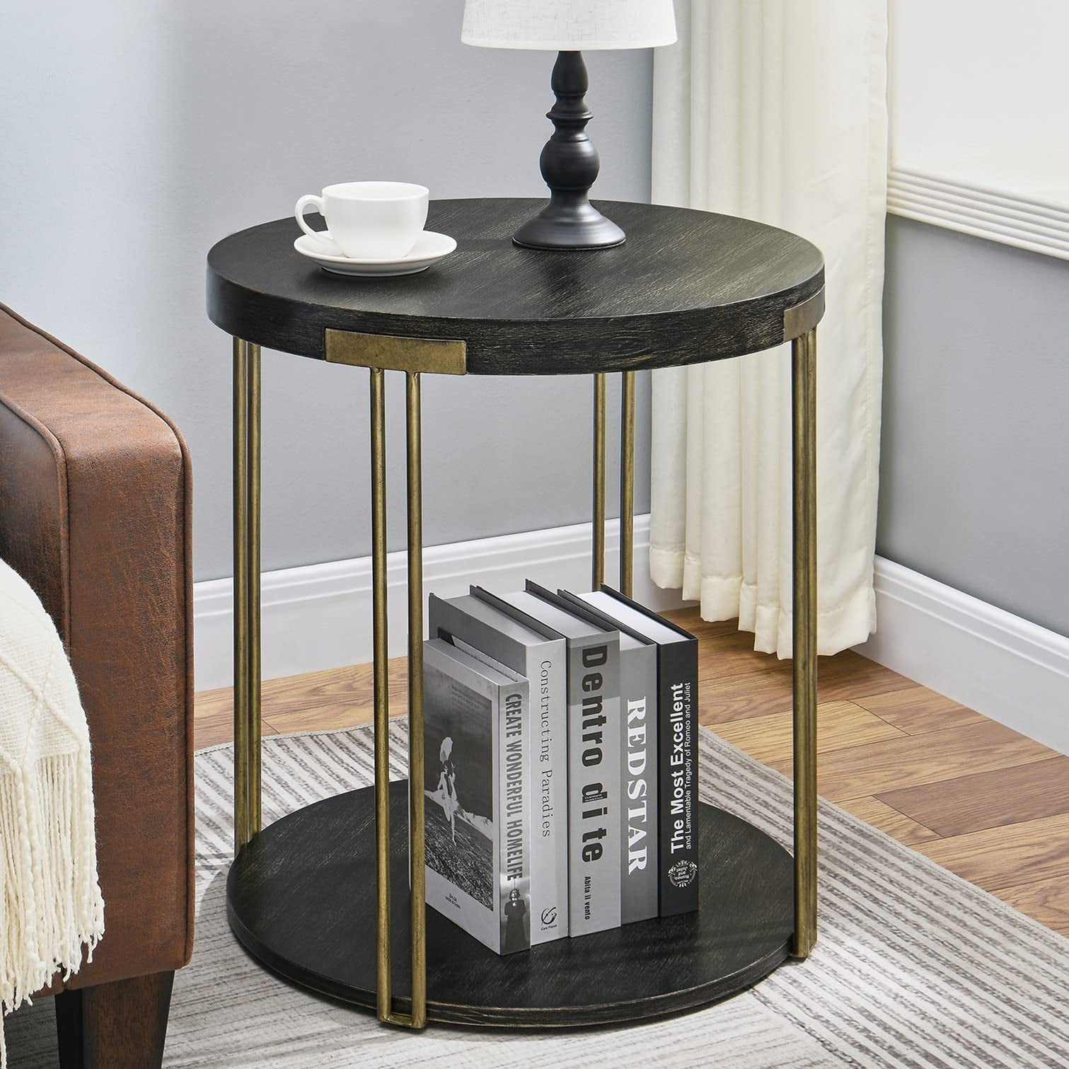JESONVID Round Industrial End Table, 2-Tier 22" Metal Frame Round ...