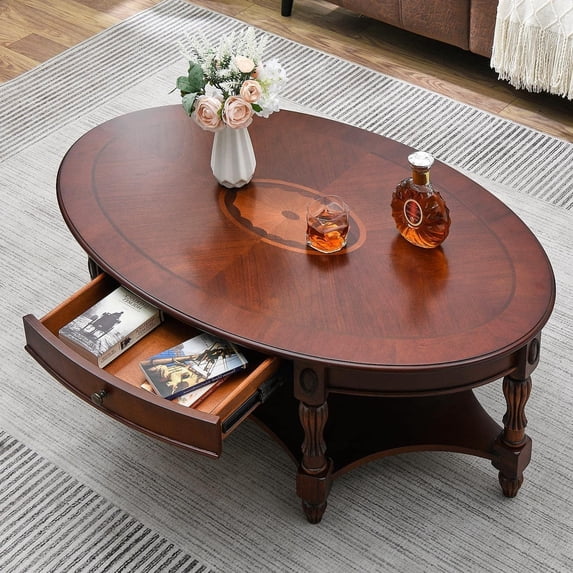 JESONVID Solid Wood Oval Coffee Table with Drawer and Storage Shelf ...