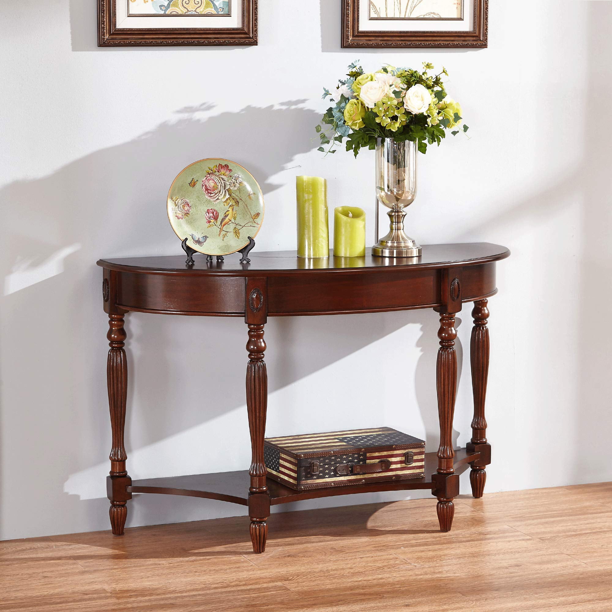 JESONVID Solid Wood Oval Console Table with Storage Shelf, Traditional ...