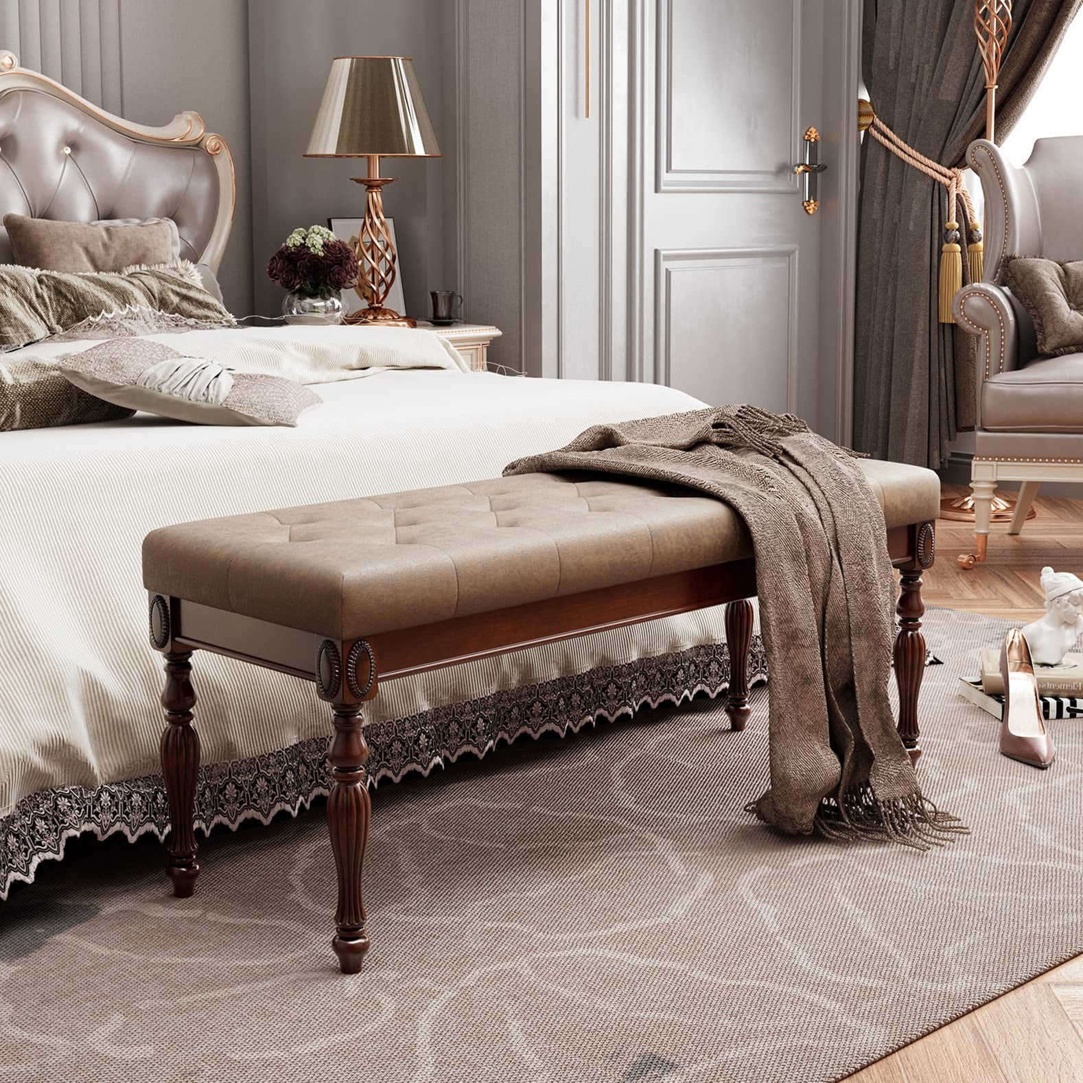 JESONVID Solid Wood Upholstered Tufted Bench, 45.3" Long Vintage ...