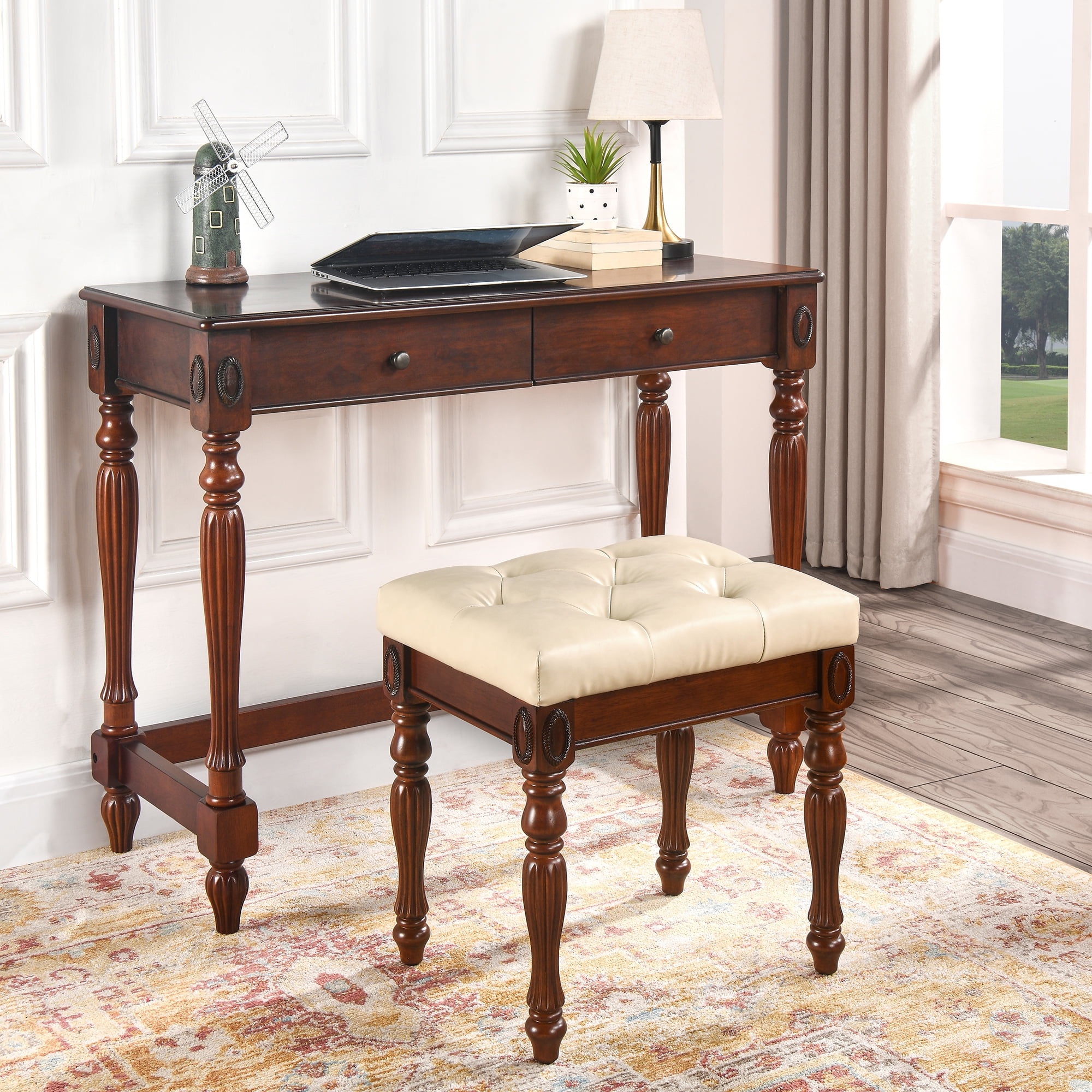 JESONVID Solid Wood Upholstered Vanity Bench, Small Vintage Ottoman ...