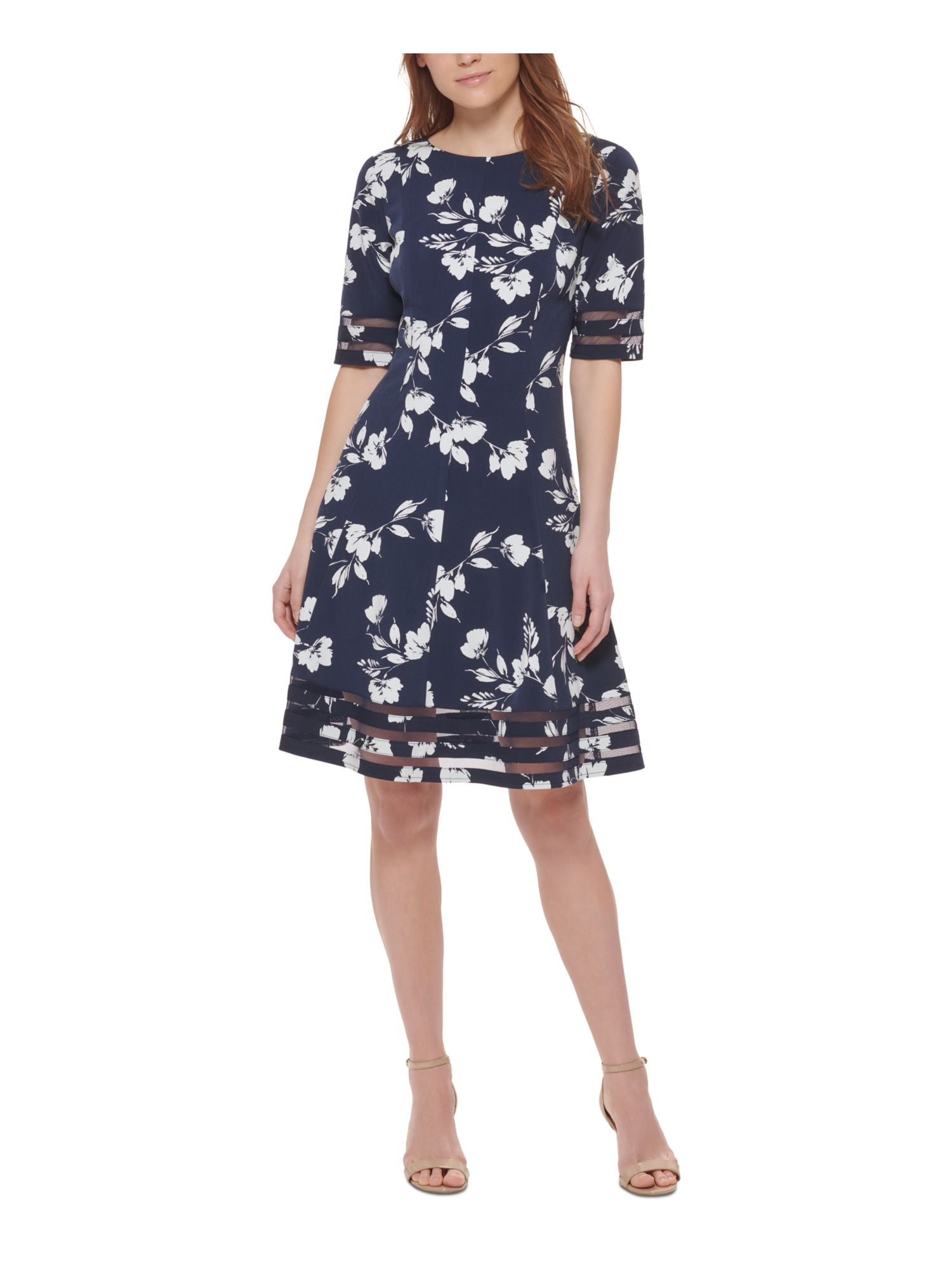 JESSICA HOWARD PETITES Womens Navy Zippered Mesh Insets Lined Floral ...