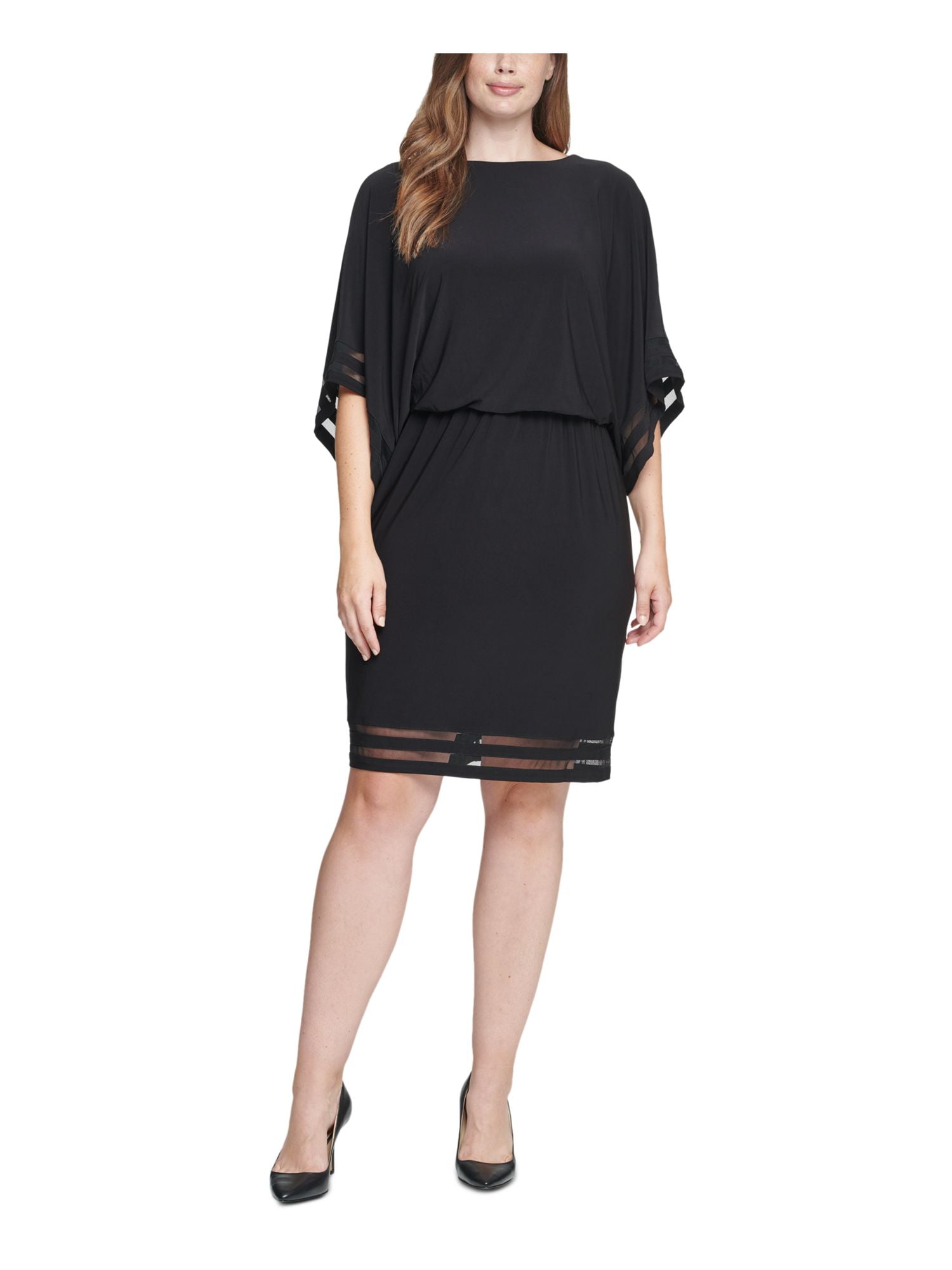 JESSICA HOWARD Womens Black Elbow Sleeve Round Neck Knee Length ...