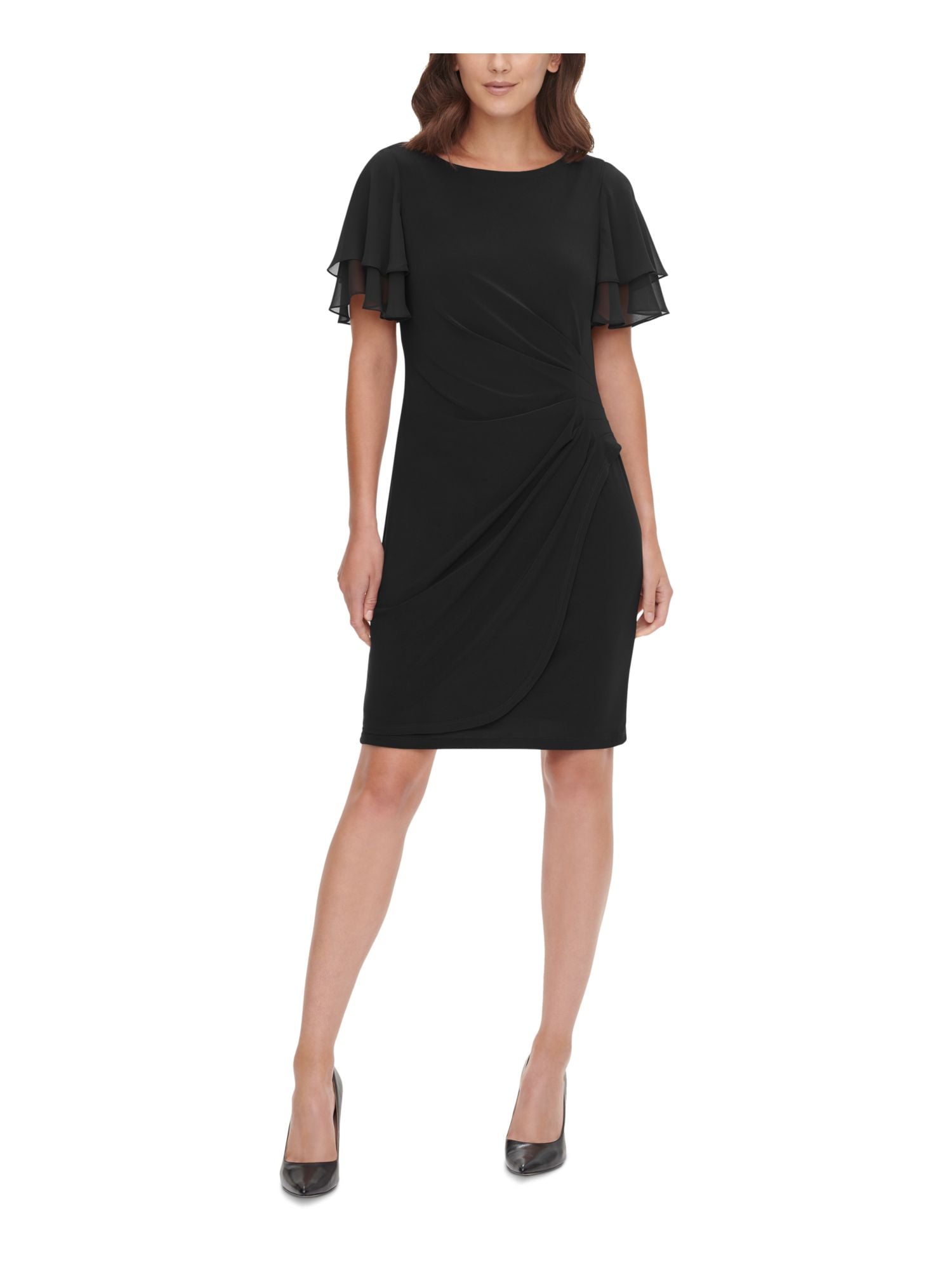 JESSICA HOWARD Womens Black Ruched Flutter Jewel Neck Above The Knee ...