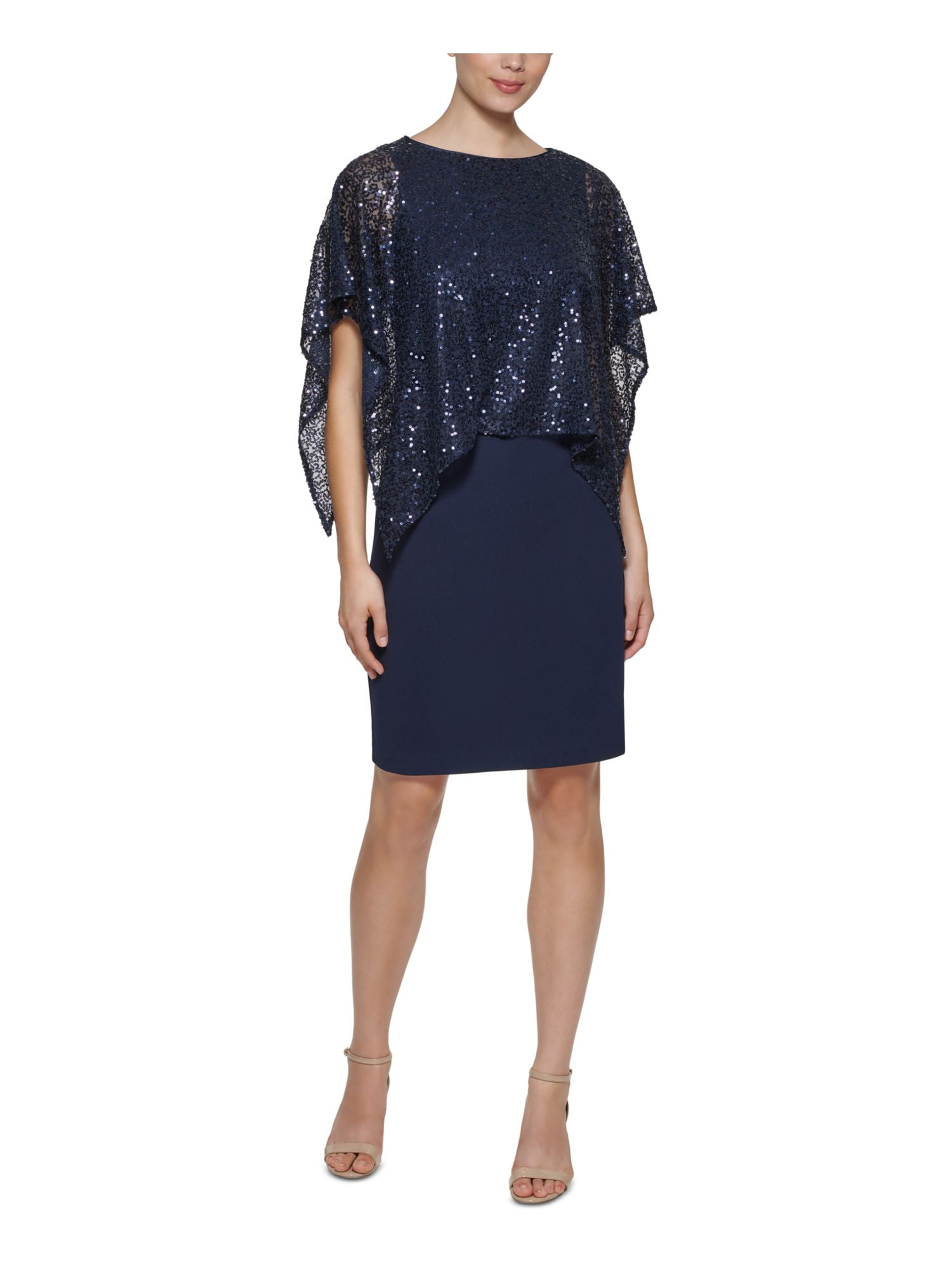 JESSICA HOWARD Womens Navy Sequined Zippered Sheer Draped Overlay Scuba ...