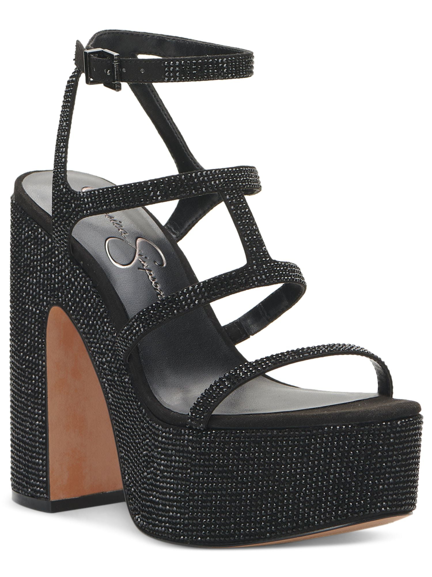 JESSICA SIMPSON Womens Black Mixed Media Padded Strappy Ankle Strap ...