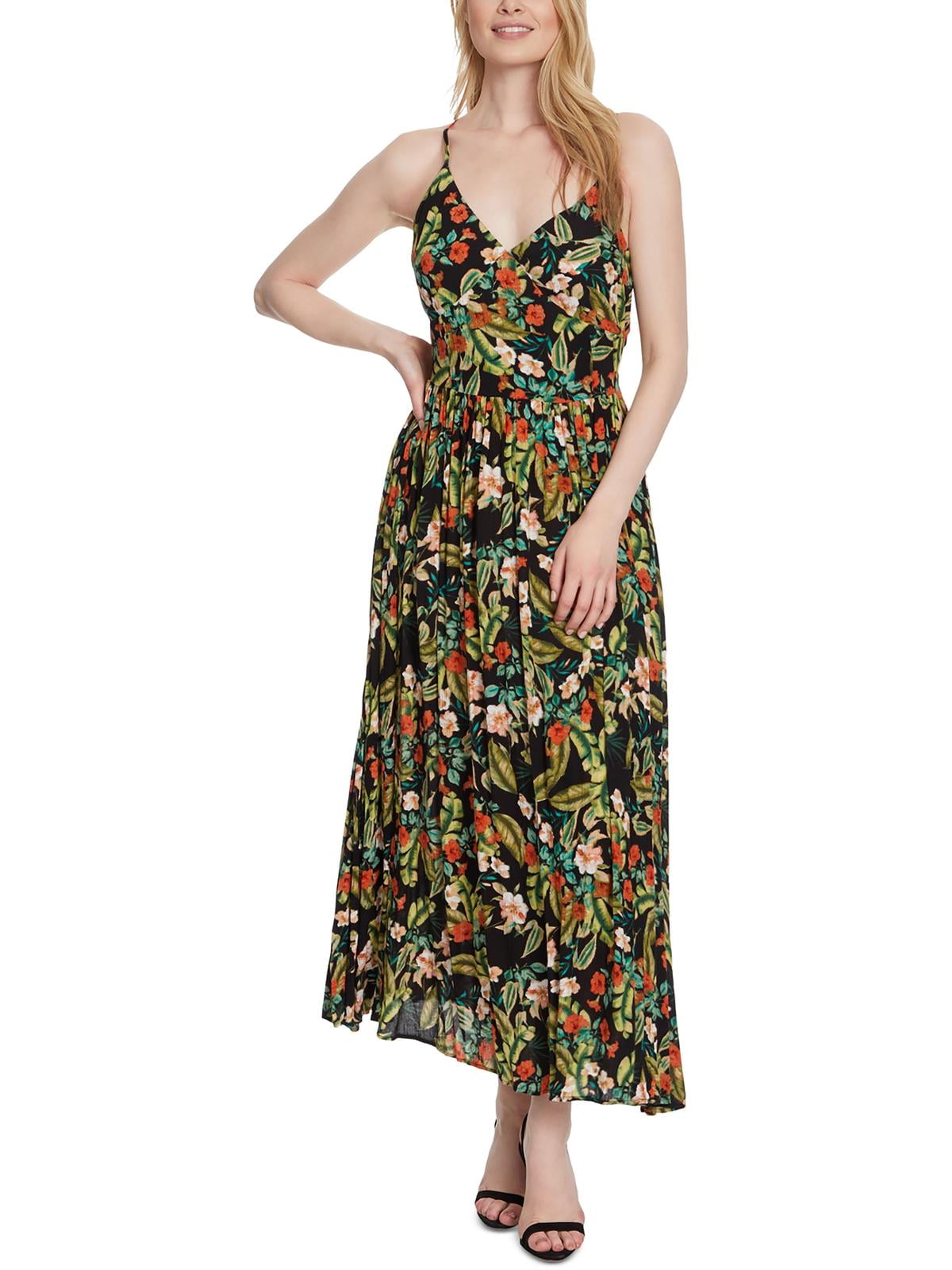 JESSICA SIMPSON Viscose Black Floral Sleeveless Maxi Fit + Flare Dress ...
