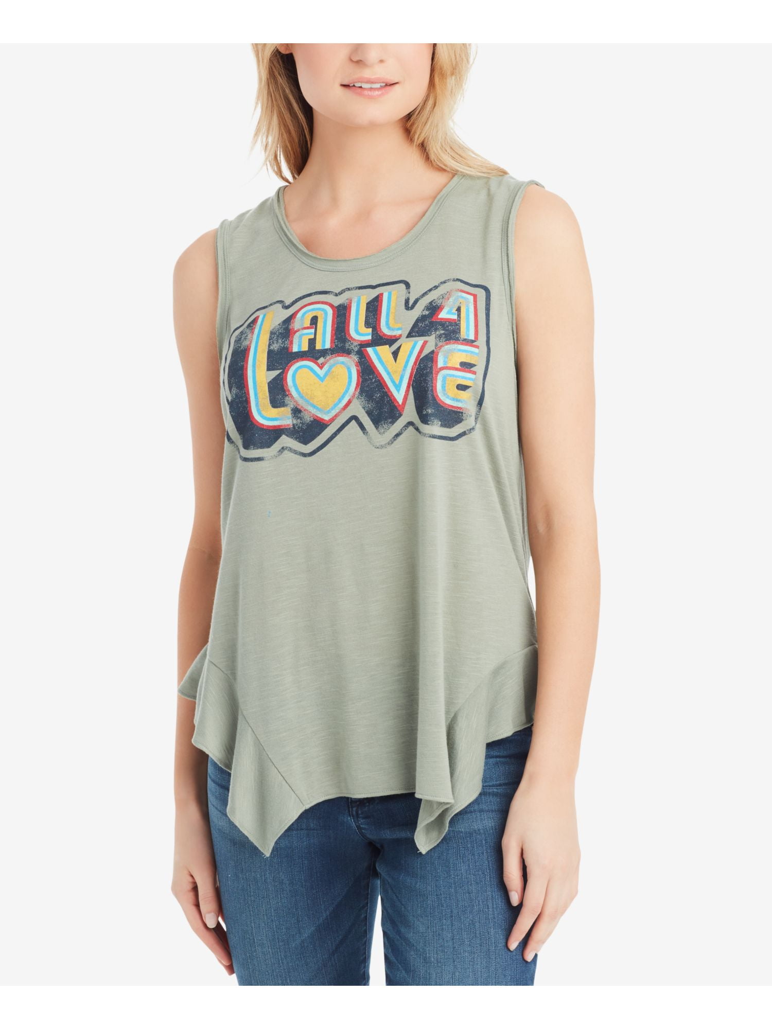 JESSICA SIMPSON Womens Green Heather All 4 Love Sleeveless Scoop Neck ...