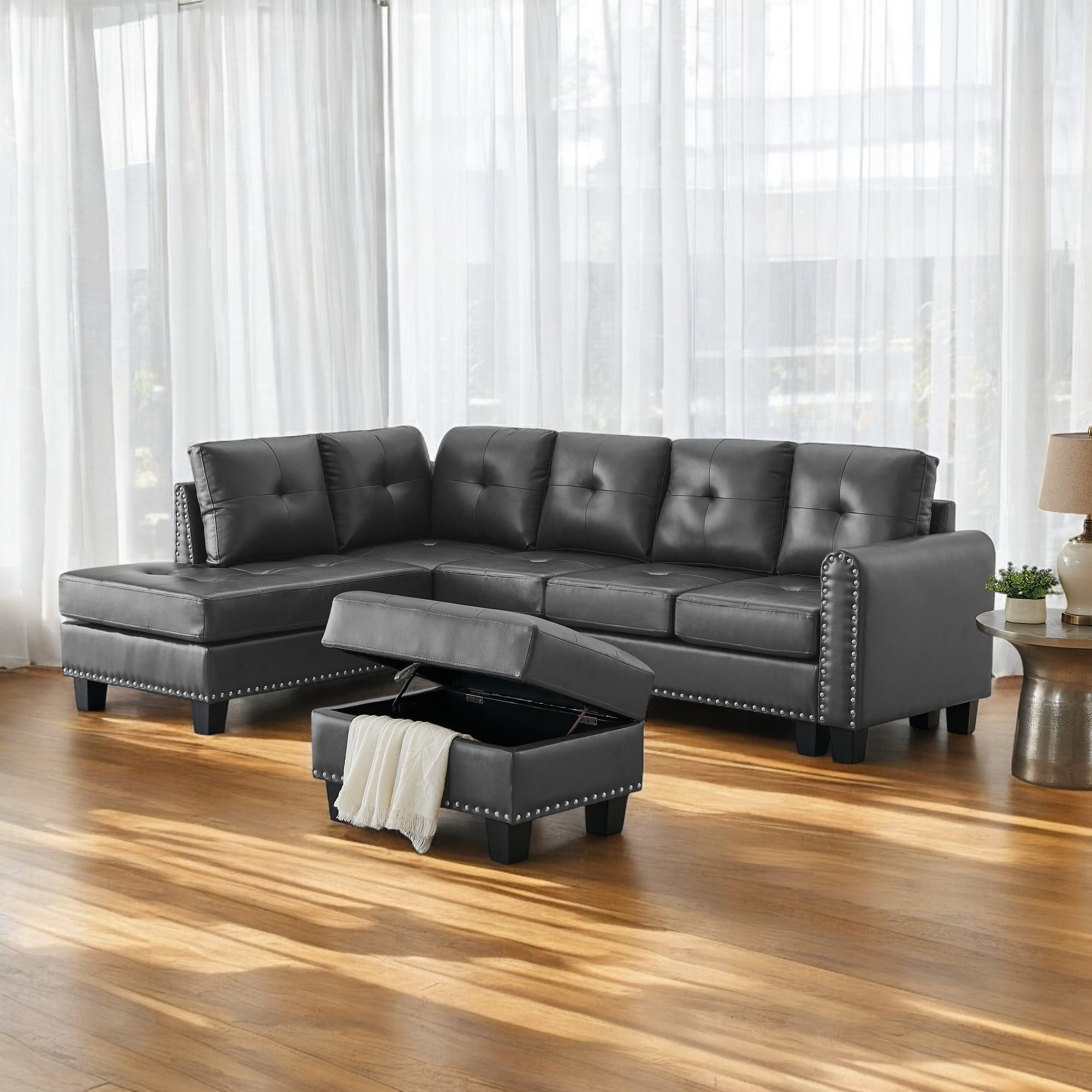 JESTOP 99" Wide 3-Piece L-Shaped Faux Leather Sectional Sofa Set Corner ...