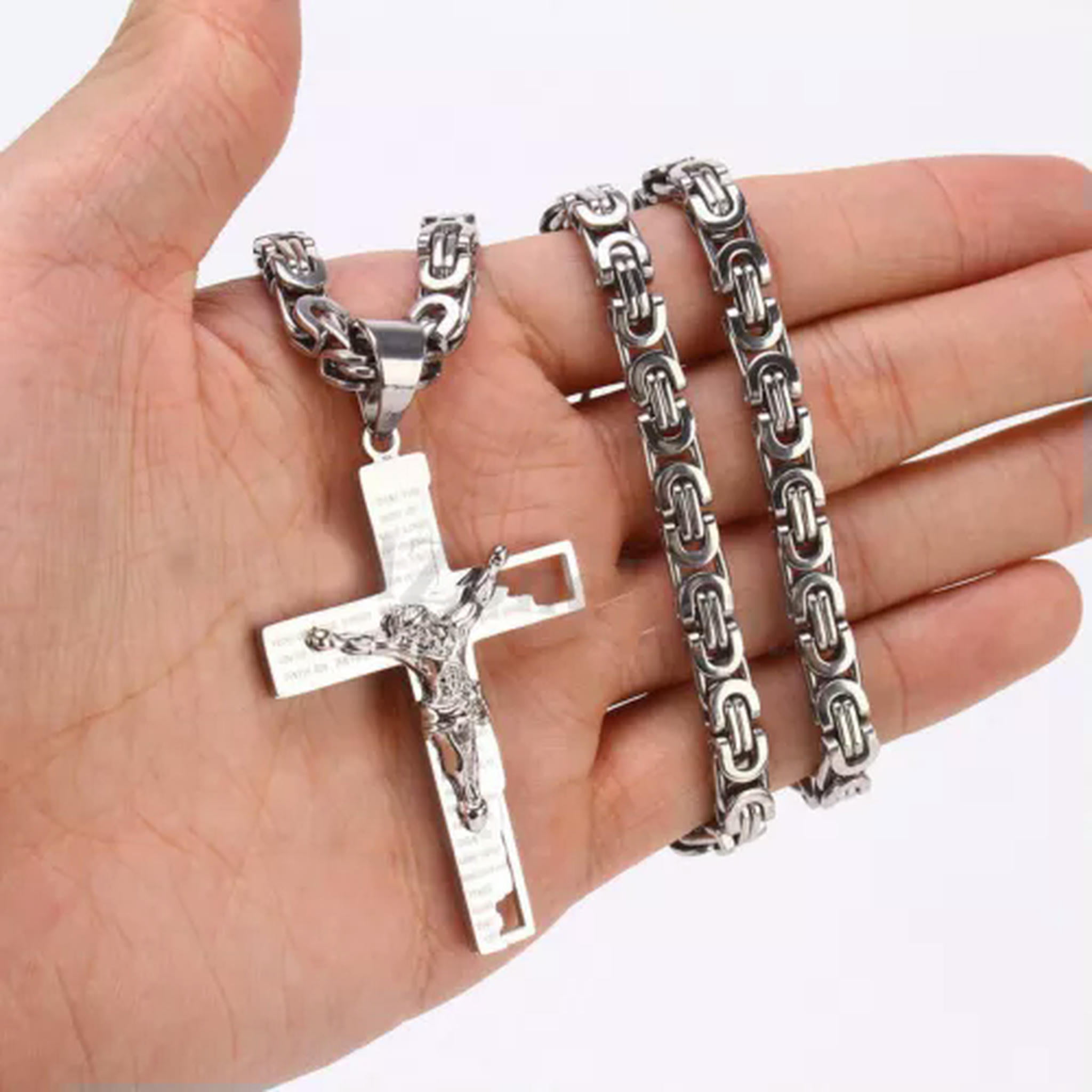 JESUS Cross Stainless Steel Christ Cross Necklace Mens Crucifix Metal ...