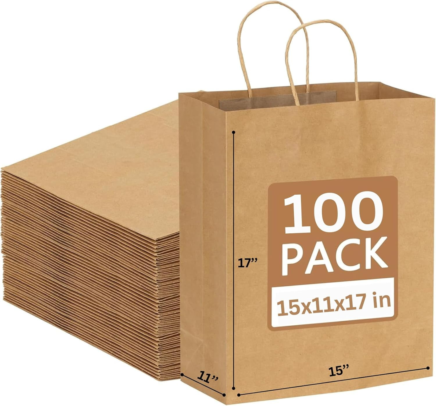 JET PAPER BAGS - 15”x11”x17” Inch [100 Pcs] Large Brown Paper Bags with ...