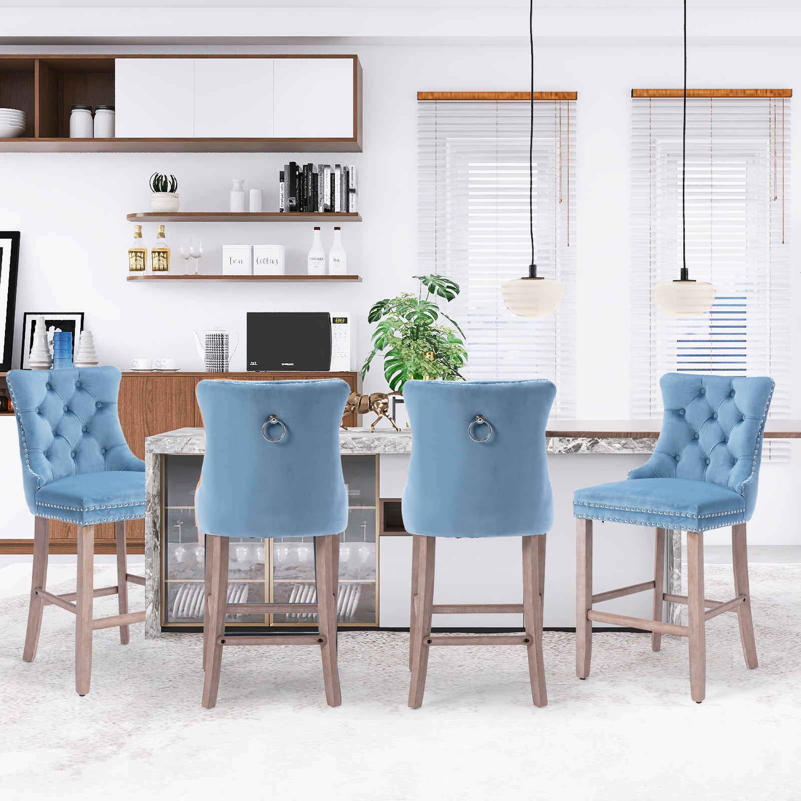 JETEAGO Bar Stools Set of 4, Velvet Upholstered Bar Stool for Kitchen ...