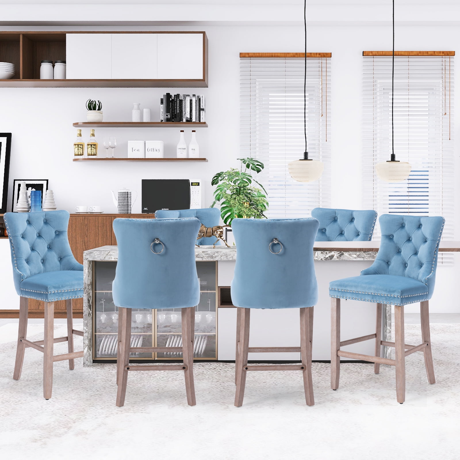 JETEAGO Bar Stools Set of 6, Velvet Upholstered Bar Stool for Kitchen ...