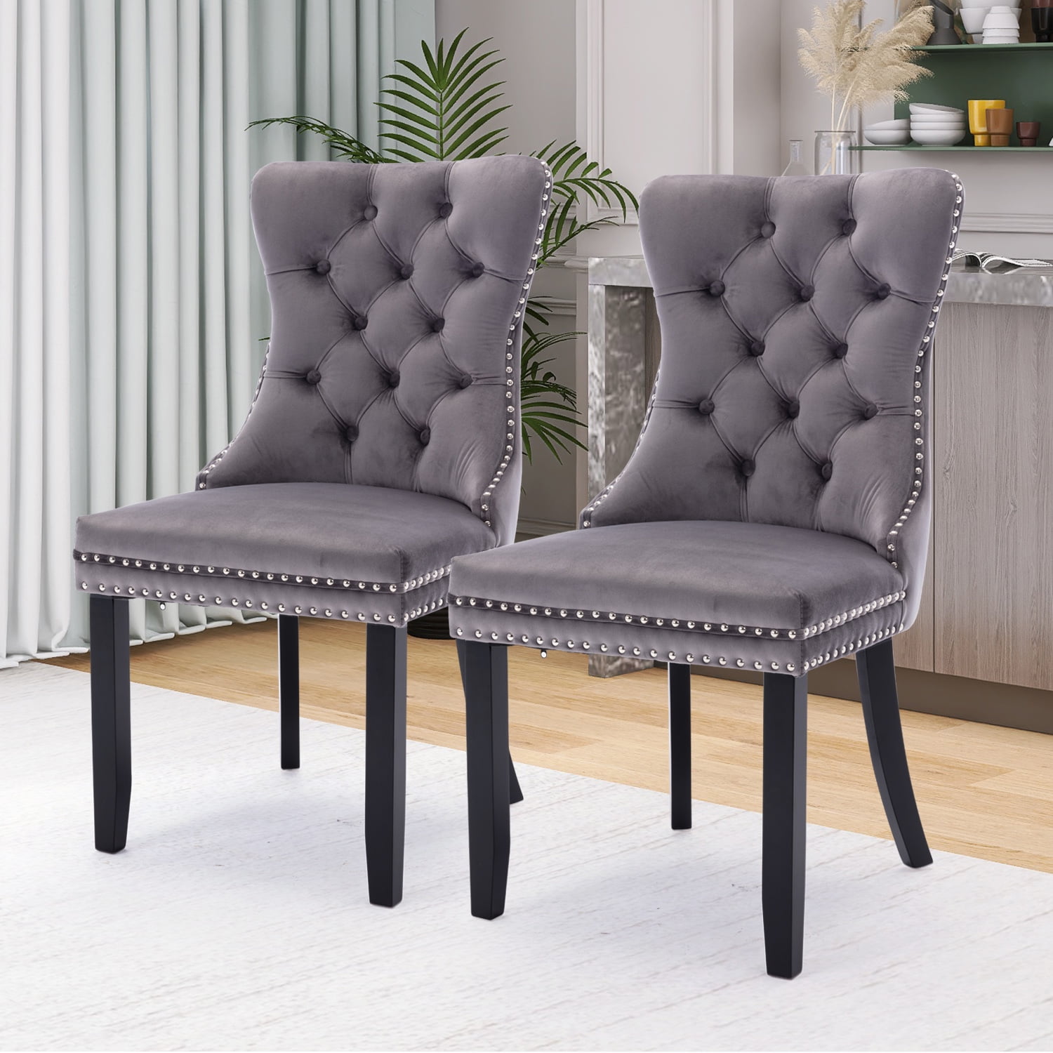 JETEAGO Velvet Dining Chair Set of 2, Upholstered Tufted Dining Room ...