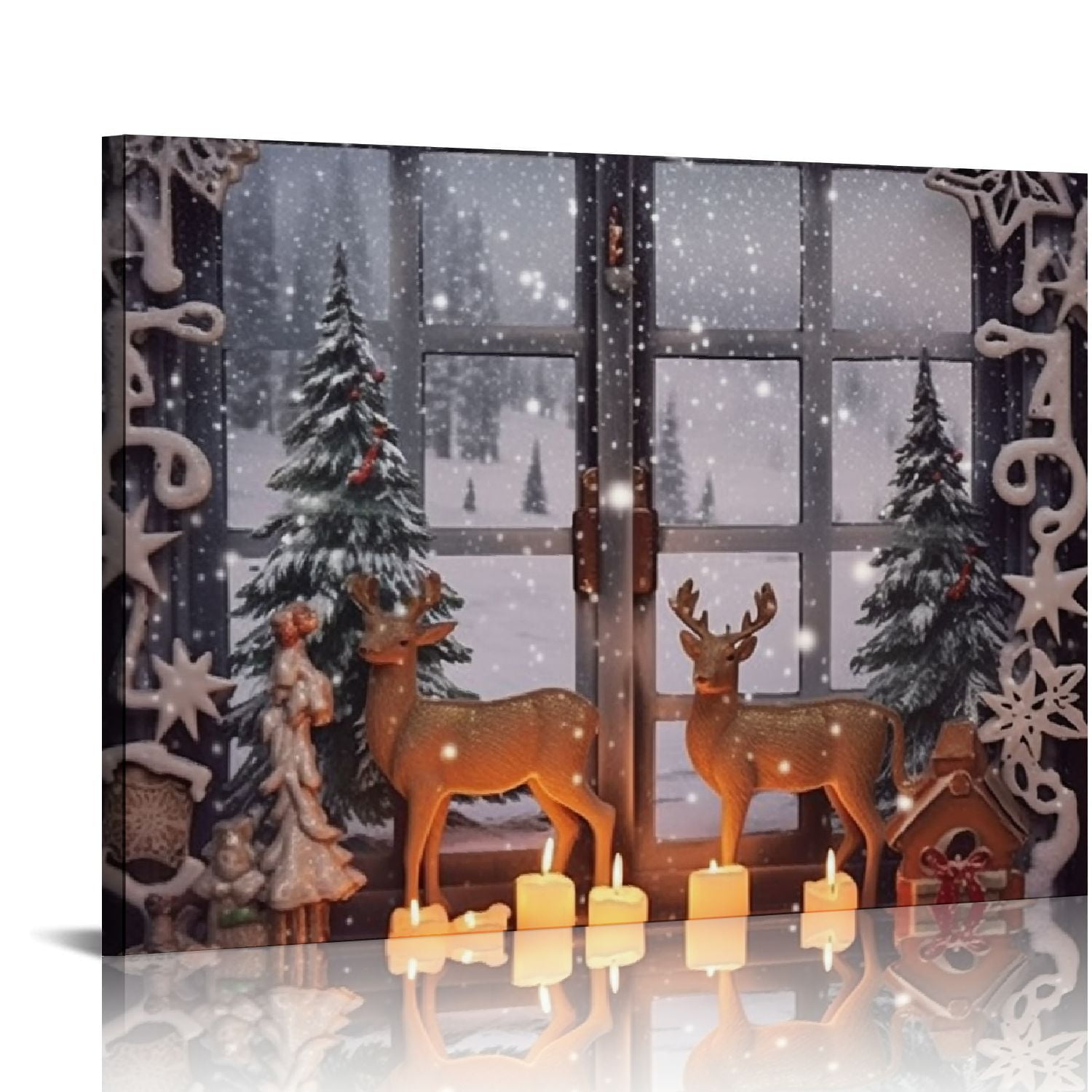 JEUXUS 20x16in Christmas Canvas Prints Wall Art, Light Up Candles Snowy Scene Picture for ...