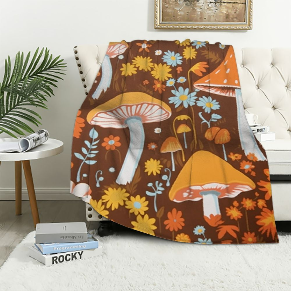JEUXUS 60s 70s Retro Hippie Flannel Blanket,Groovy Flowers Mushroom ...