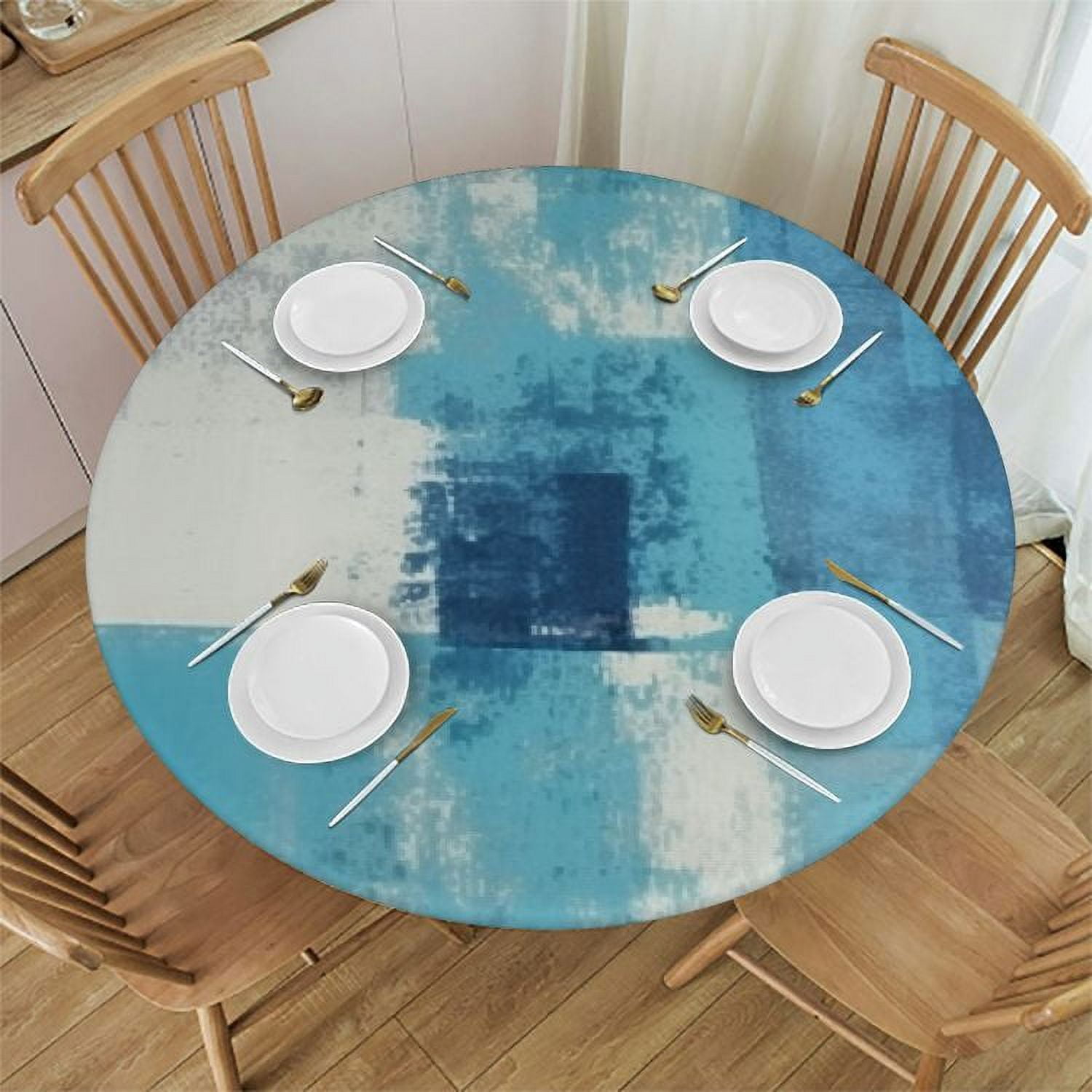 JEUXUS Abstract Art Painting Gray and Teal Table Cloth Turquoise Round ...
