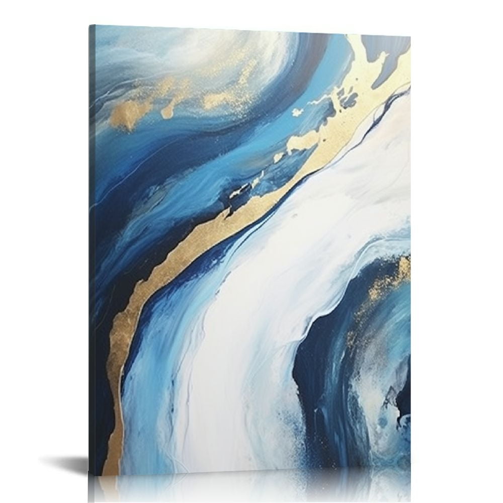 JEUXUS Abstract Blue Wall Art Prints Blue Gold Foil Painting Blue Gold White Canvas Art Blue ...
