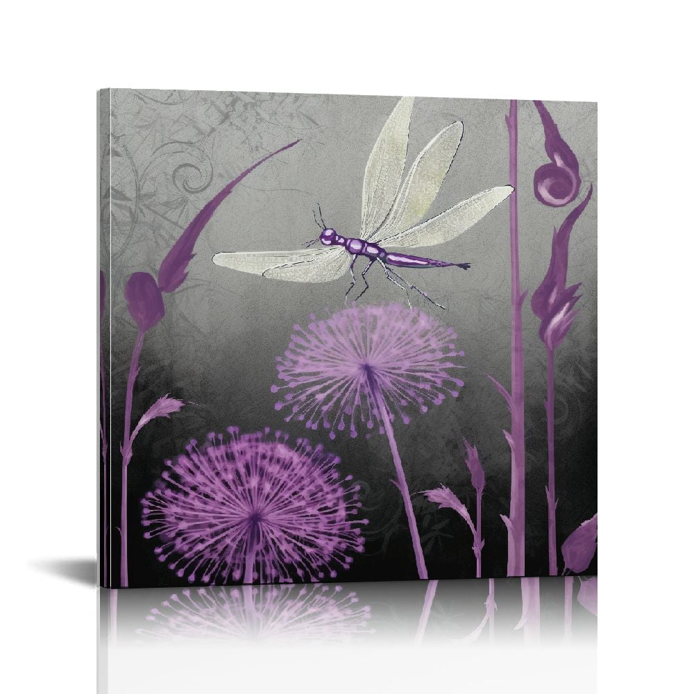 JEUXUS Abstract Canvas Wall Art Grey and Purple Dandelion Flowers with ...
