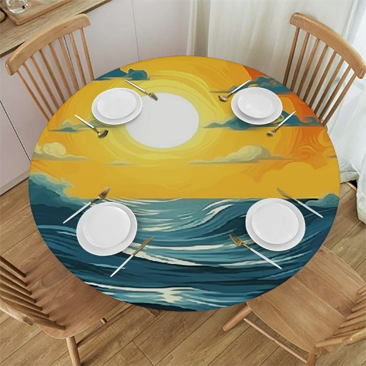 JEUXUS Abstract Fitted Round Table Cloth, Curved Ocean Waves Sun Art ...