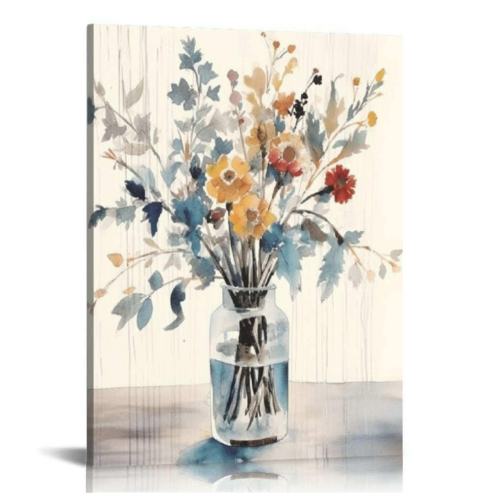 JEUXUS Abstract Flower Bouquet Wall Art: Gray Blue Floral in Jar ...