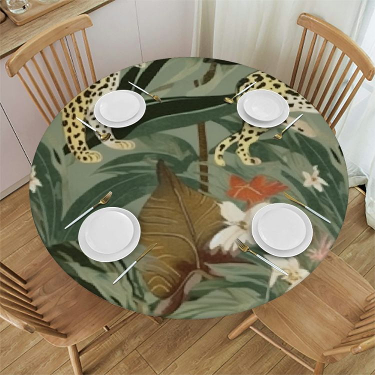 JEUXUS Abstract Jungle Leopards Round Tablecloth Polyester Boho Leaves ...
