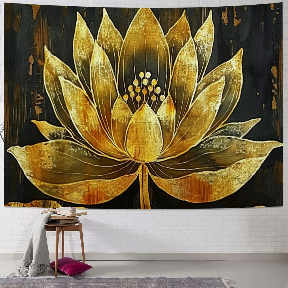JEUXUS Abstract Lotus Water Lily Flower Gold and Black Floral Tapestry ...