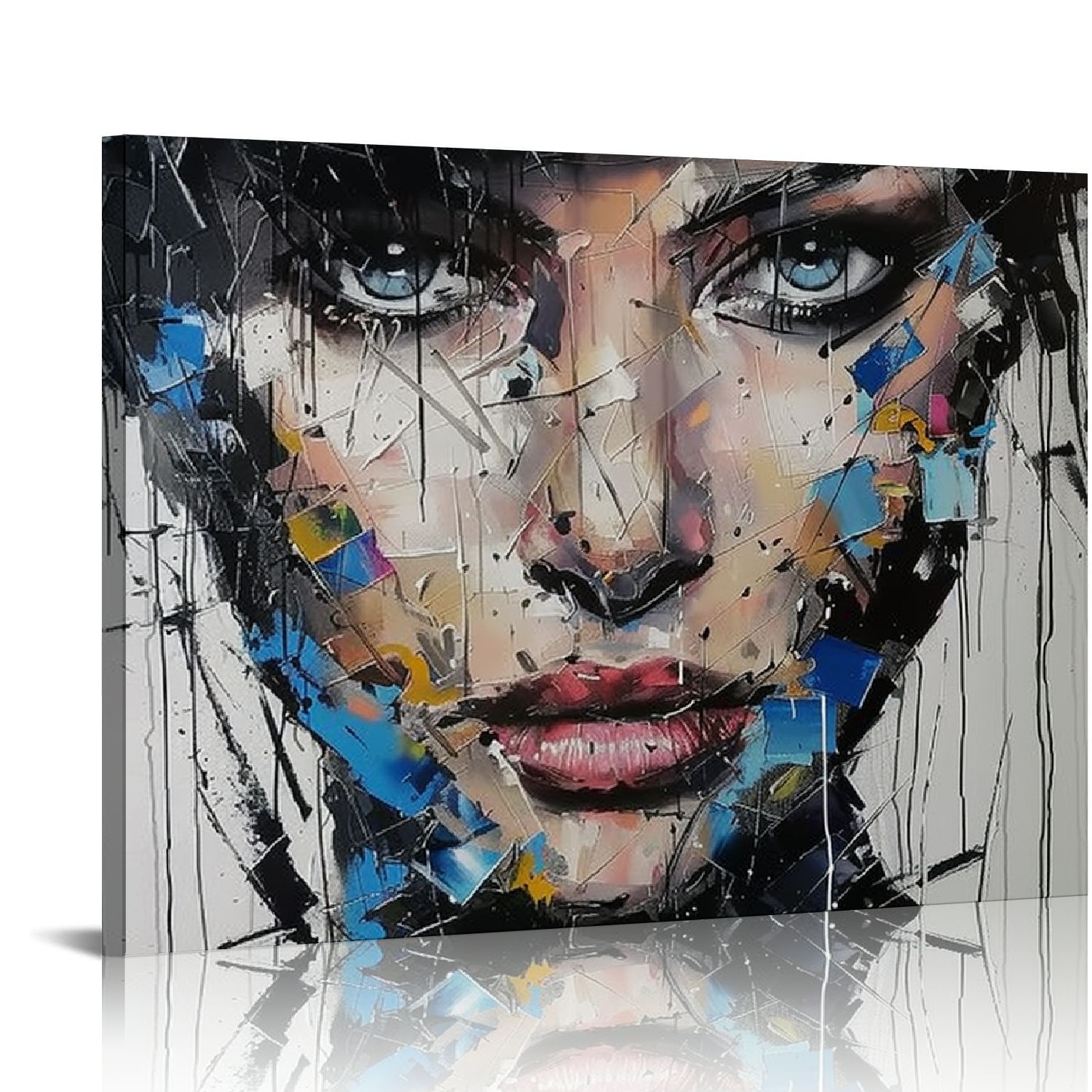 JEUXUS Abstract Woman Face Canvas Wall Art Blue Colorful Graffiti Girls ...