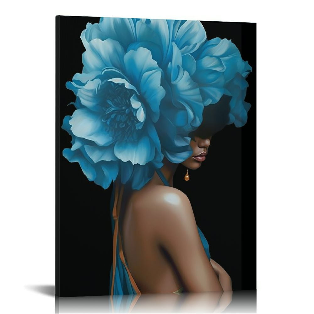 JEUXUS African American Wall Art Blue Flower on Black Women Head Vintage Canvas Art Paintings ...