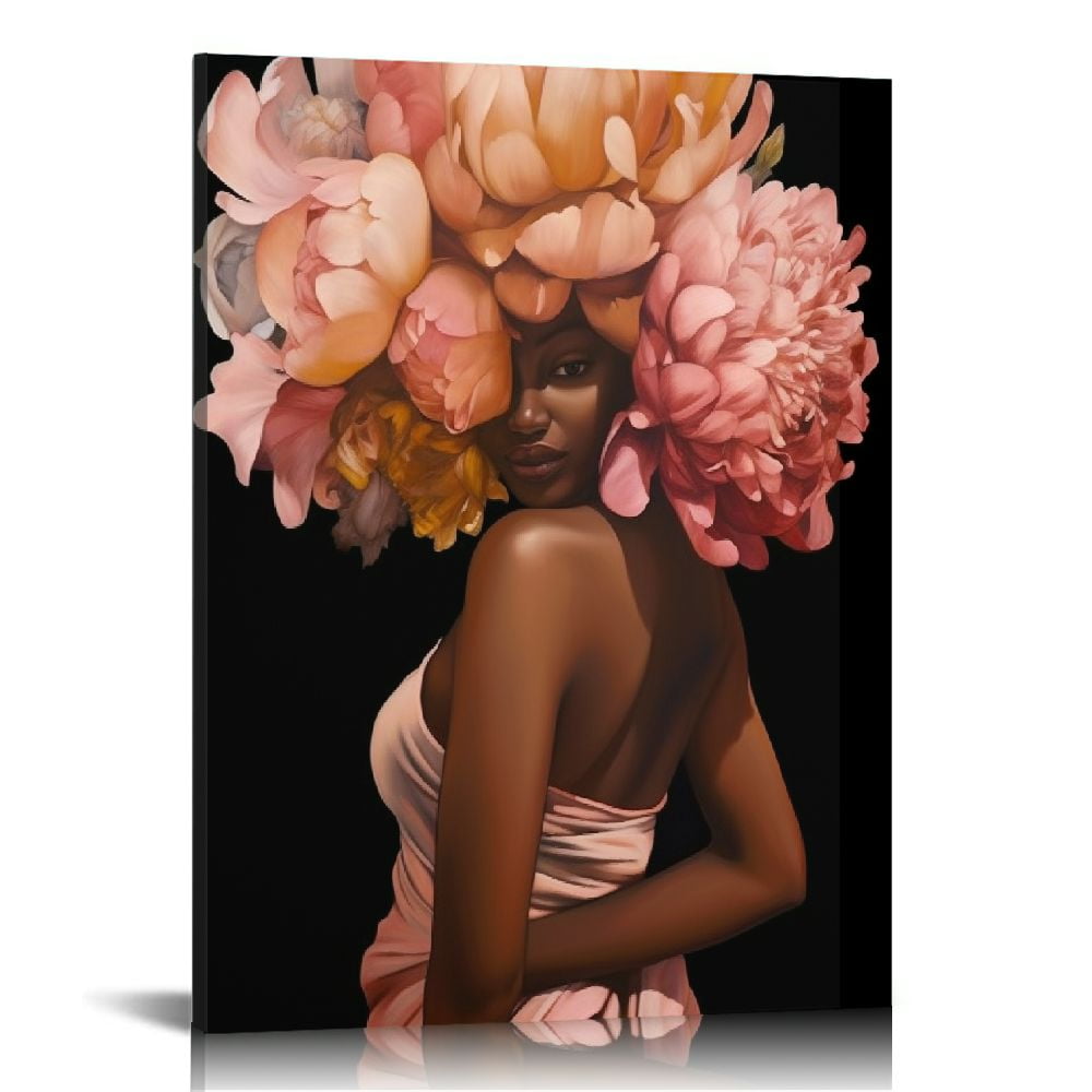 JEUXUS African American Wall Art Pink Flower on Black Women Head Vintage Canvas Art Paintings ...